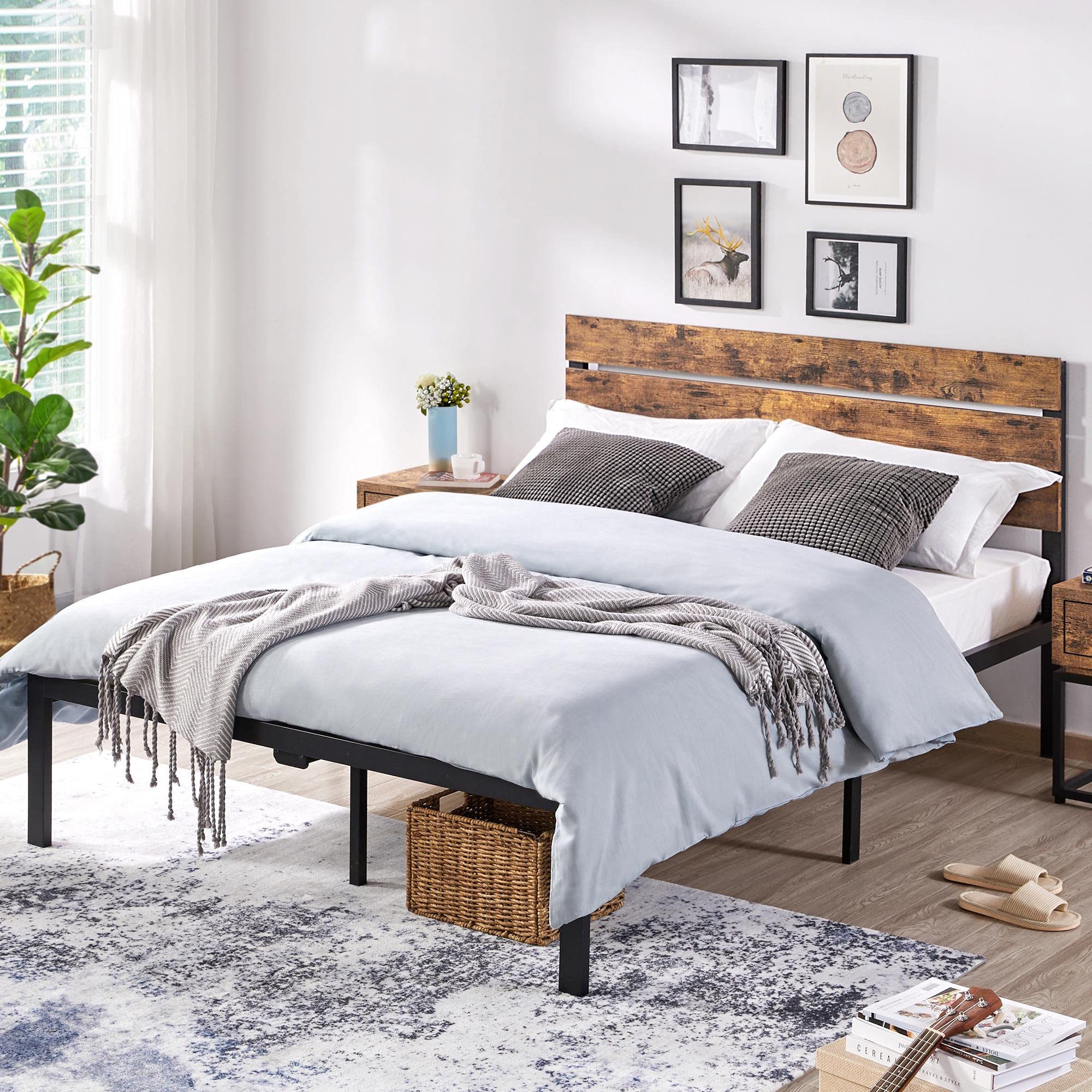 Yaheetech Queen Bed Frame Metal Bed with Modern Rustic Wooden Headboard, No Box Spring Needed/12'' Underbed Storage/Easy Assembly, Brown Queen Bed
