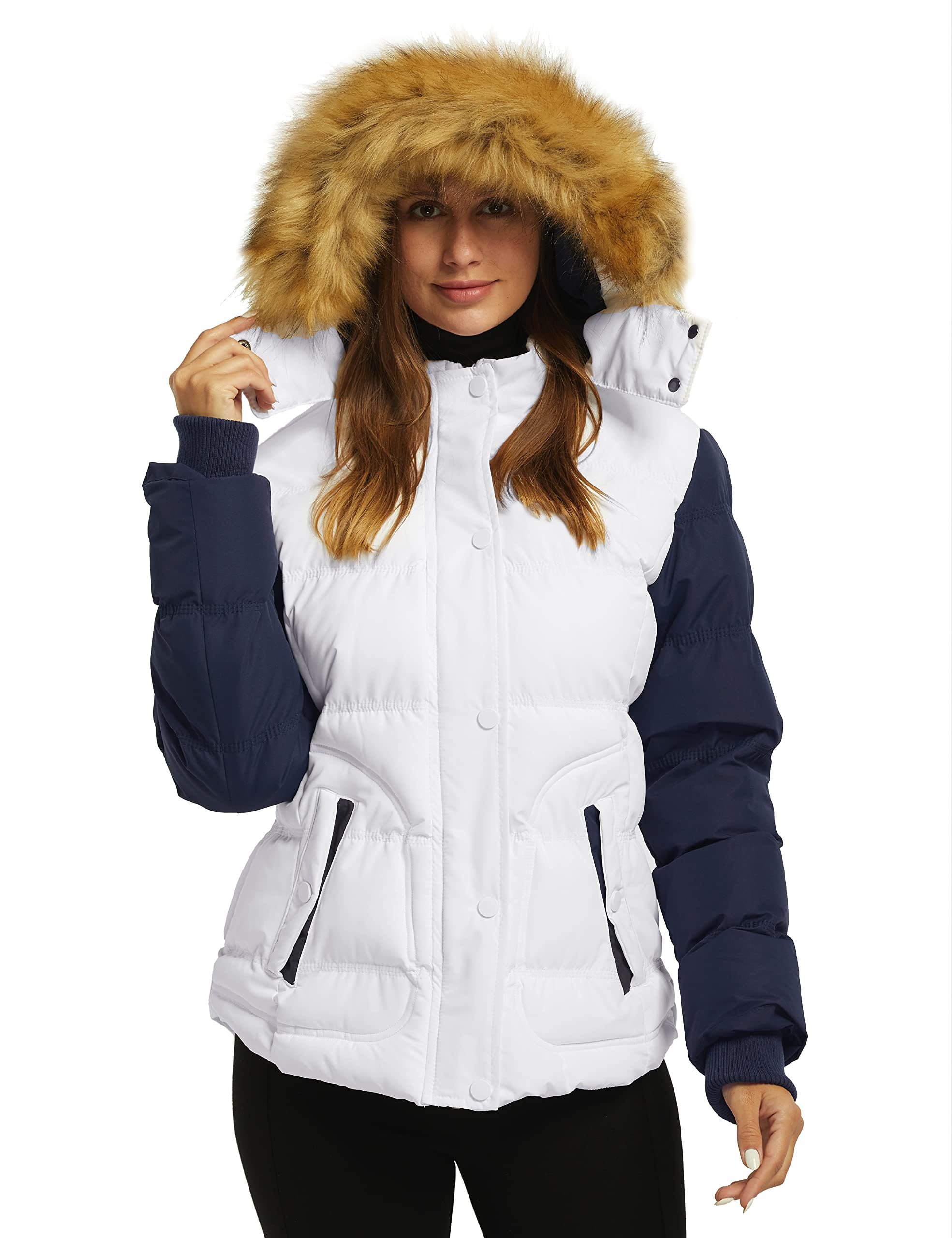 wantdo Women's Insulated Puffer Jacket Warm Heavy Insulated Coat (White & Navy, Medium)