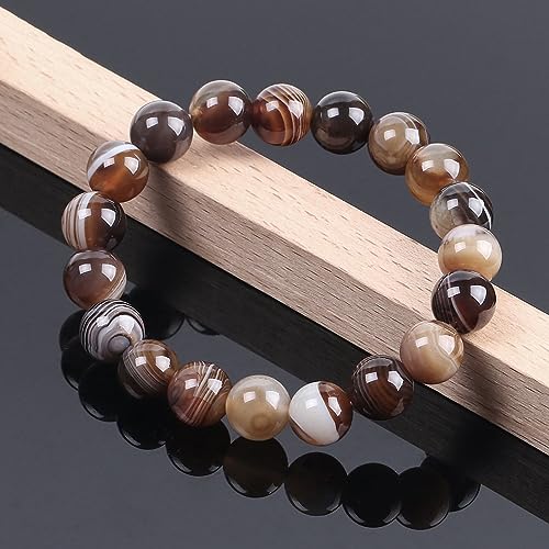 Xileg Natural Round Gem Stone Onyx Men Bracelets Bangle 10 mm Brown Stripe Ethnic Rosary Energy Beads Prayer Wristband Coffee