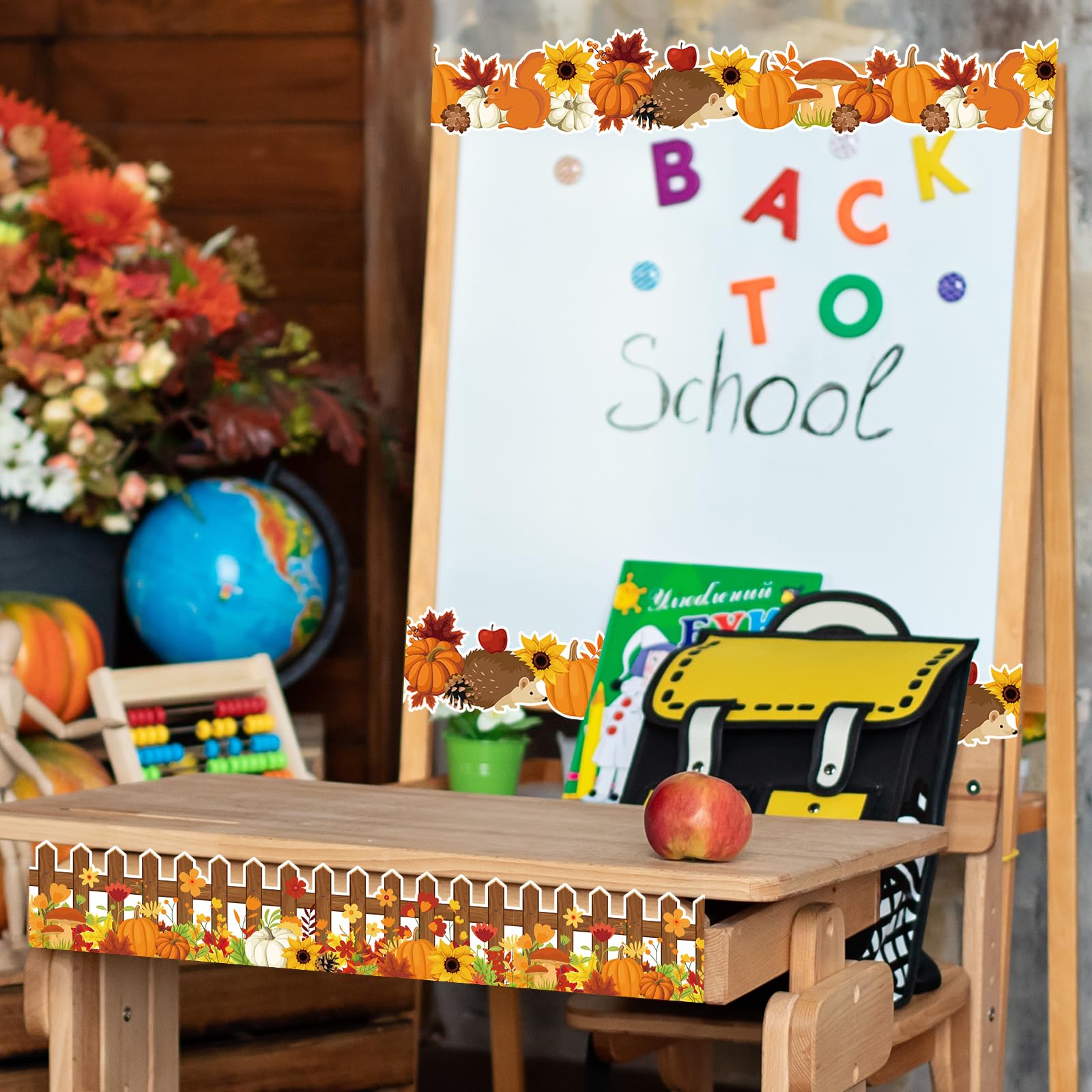 Whaline 69FT Fall Bulletin Board Borders Autumn Fence Flower Border Trim Self-Adhesive Pumpkin Fall Leaves Squirrel Hedgehog Board Decal Stickers for School Classroom Wall Thanksgiving Decor