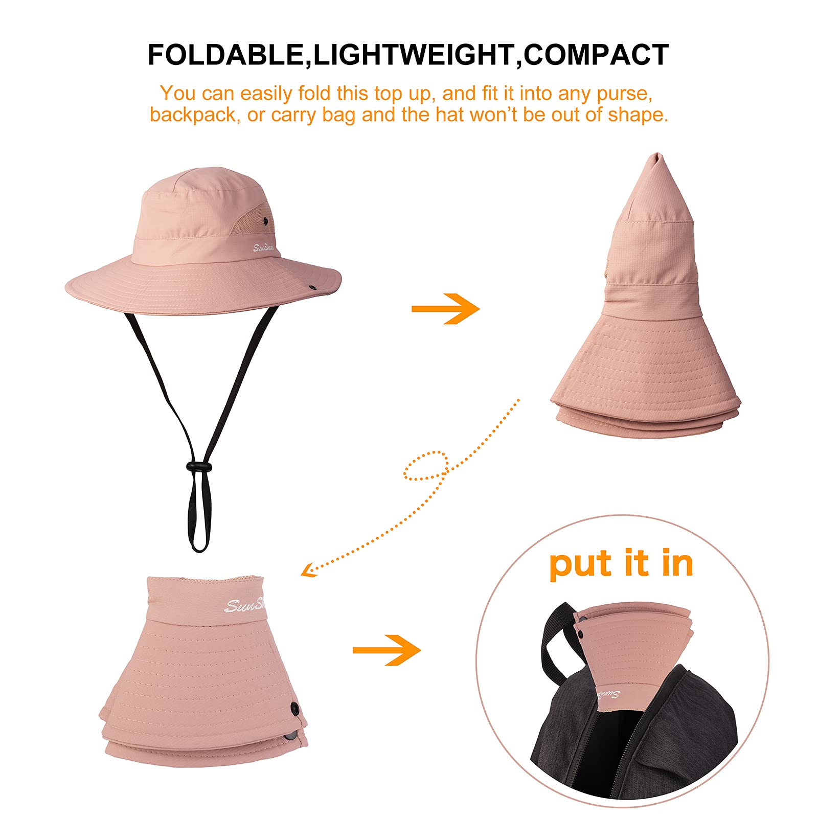 Tutuko Womens Wide Brim Sun Hats Foldable UV Protection Beach Bucket Hats Ponytail Mesh Fishing Hat (Pink)