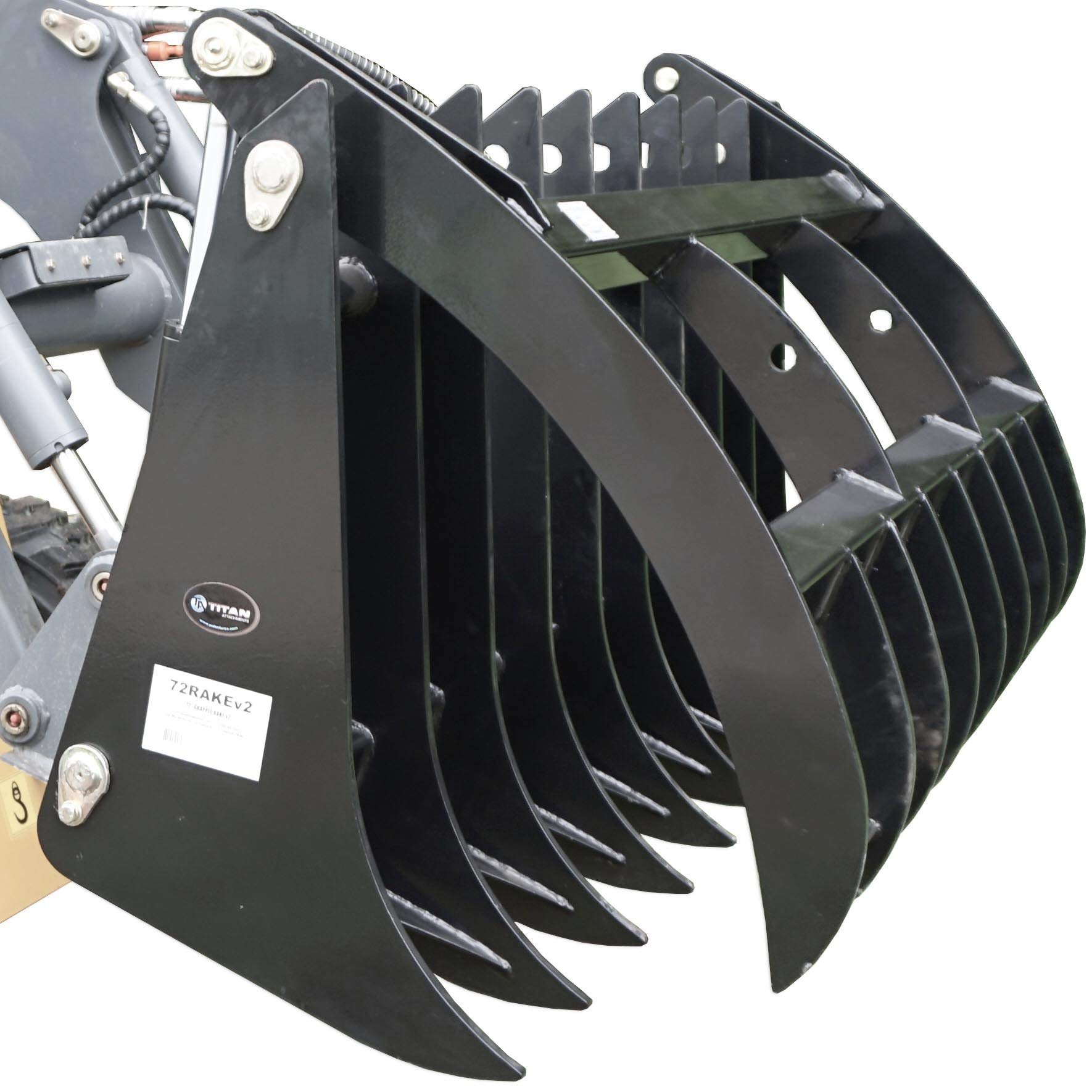 Titan Attachments 72in Clamshell Root Grapple Rake, Universal Skid Steer Mounting, Twin 3,000 PSI Cylinders, Brush Debris Landscaping Grapple