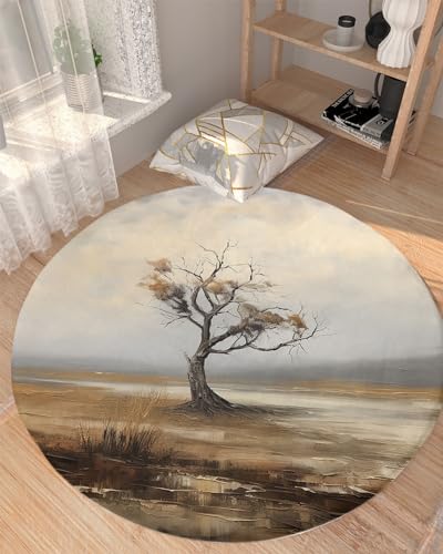 Tree Branches Fluffy Round Area Rug Carpets 4ft, Plush Shaggy Carpet Soft Circular Rugs, Non-Slip Fuzzy Accent Floor Mat for Living Room Bedroom Nursery Decor Wild Leaves Forest Abstract Painted Art