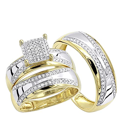 Two Tone 14K Yellow Gold Plated 925 Wedding Band & Engagement Trio Ring Set 1.00CTW Round D/VVS1 Diamonds In Square Bridal Set254