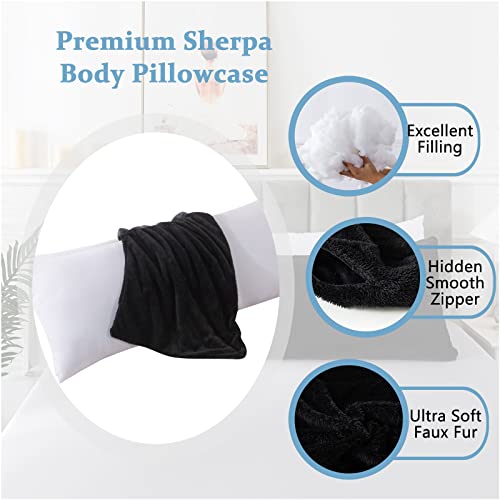 WhatsBedding Black Sherpa Body Pillow with Pillowcase, Full Body Pillows for Adults, Large Long Body Pillow Insert, Long Pillow for Bed, Machine Washable, 20 x 54 Inches