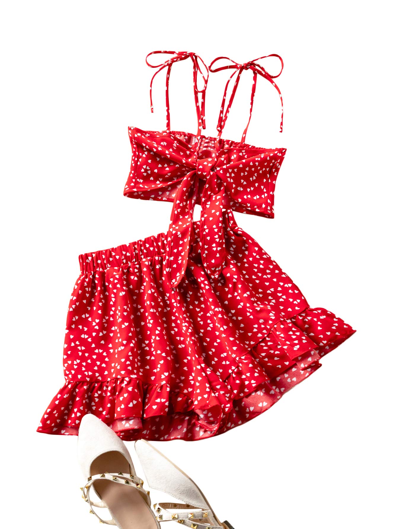 SweatyRocks Women's Boho 2 Piece Outfits Knot Front Crop Top with Shorts Sets Heart Red S