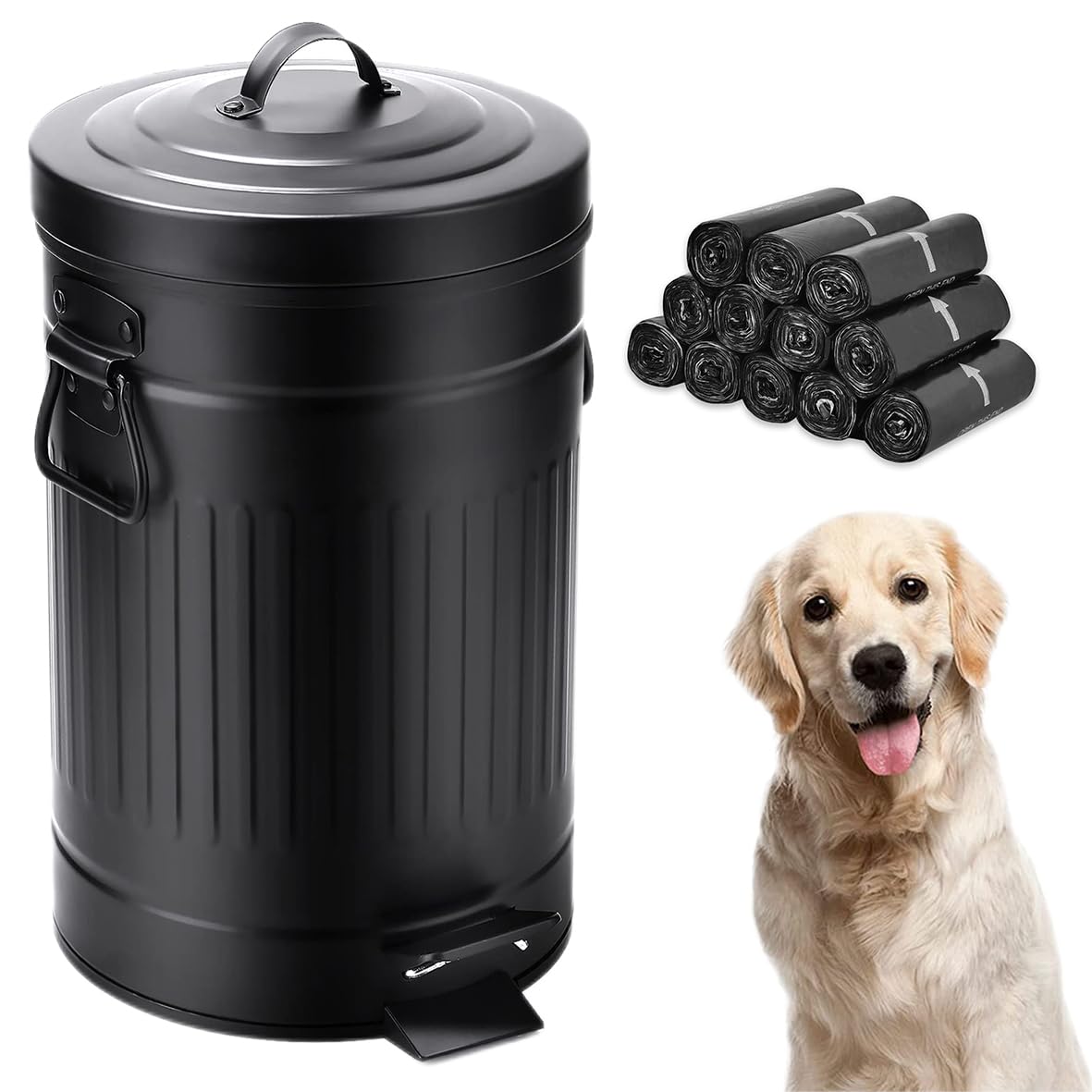 Umtiti Dog Poop Trash Can with Lid for Outdoors,12-Liter Trash Can with 180PCS Black Plastic Bags, Pet Waste Container,Black-Y+180BK
