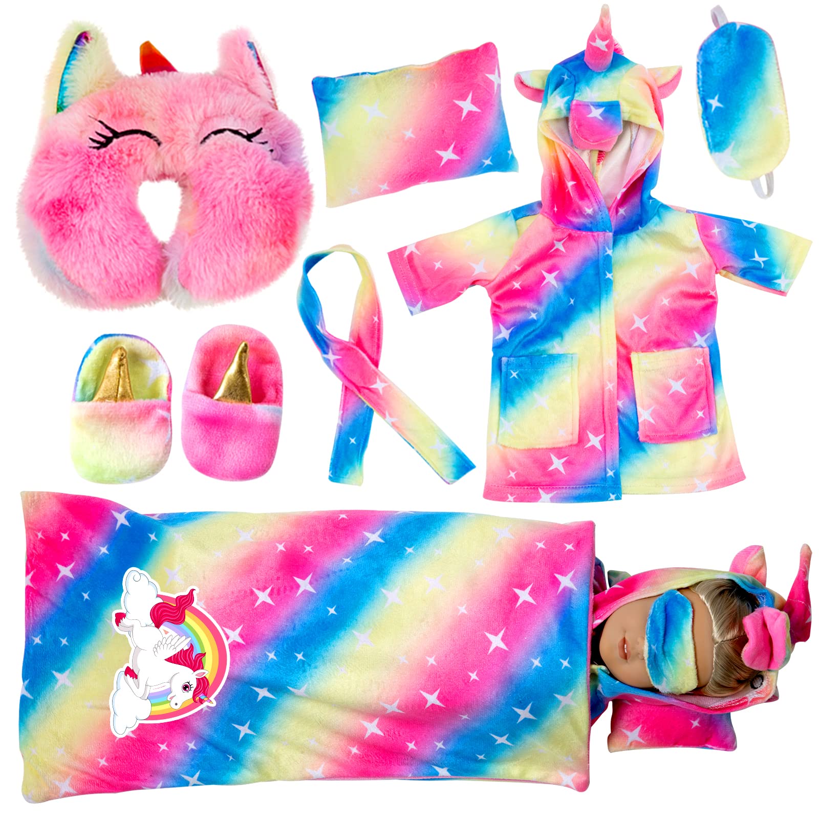 ZNTWEI American 18 Inch Doll Clothes and Accessories - Doll Sleeping Bag Set for American 18 Inch Doll Including Unicorn Pajamas,Sleeping Bag,Pillow,Eye Mask,Shoes