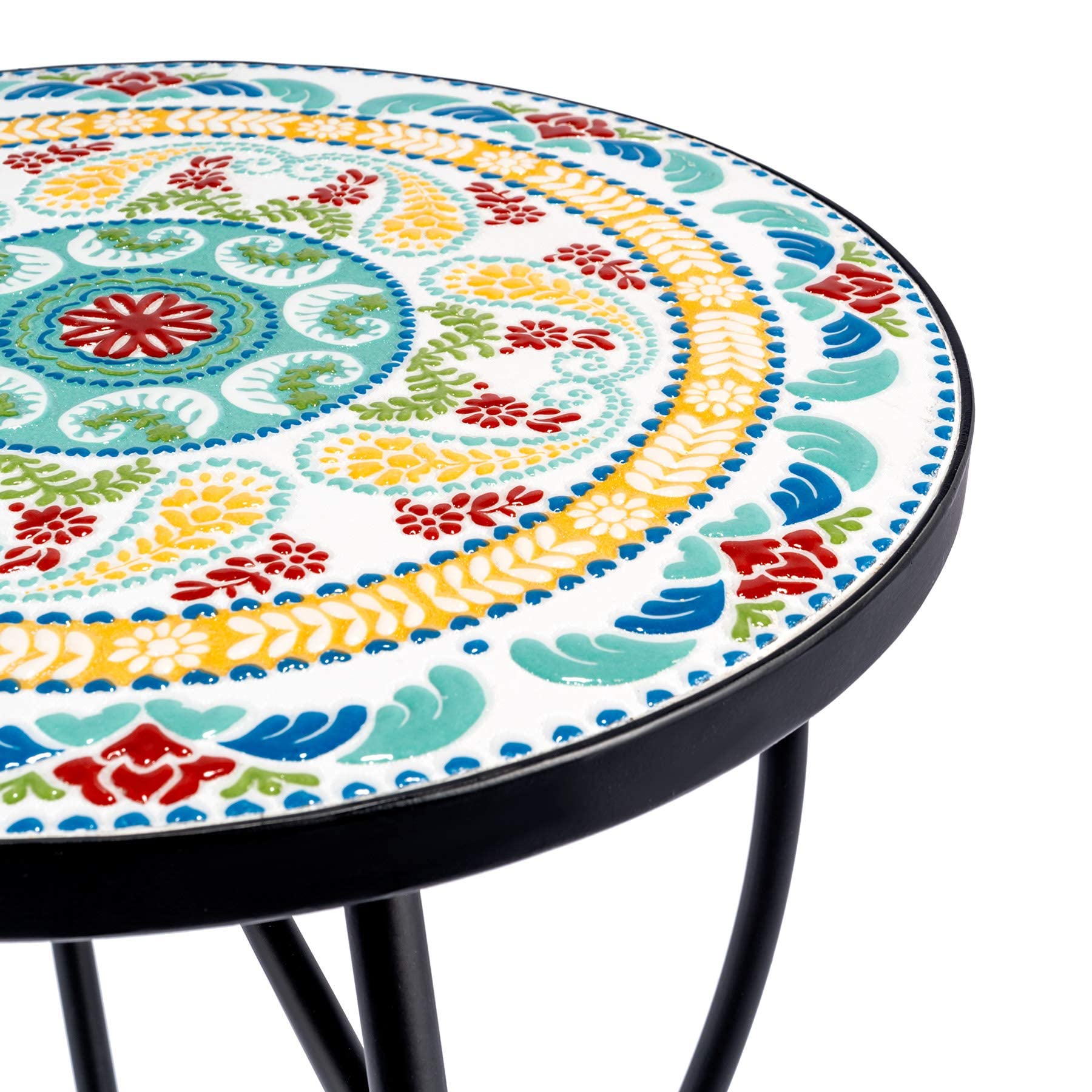 VONLUCE 21" Mosaic Plant Stand, 14 Inch Round Side Table with Ceramic Tile Top + French Vintage Foot Stool with Rustic Wood Legs and Padded Seat
