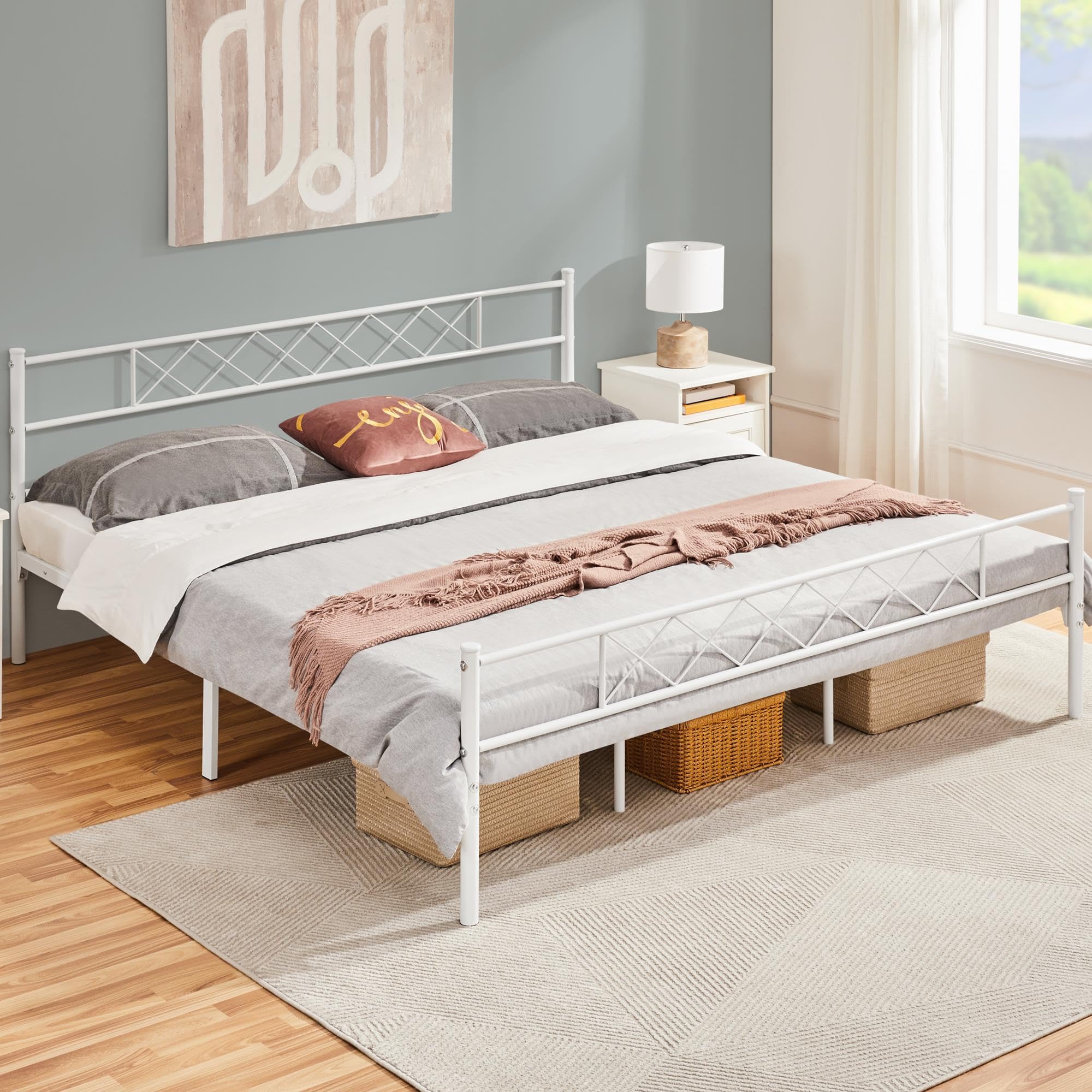 Yaheetech Metal Platform King Bed Frame Mattress Foundation with Headboard and Footboard No Box Spring Needed Under Bed Storage Steel Slats White