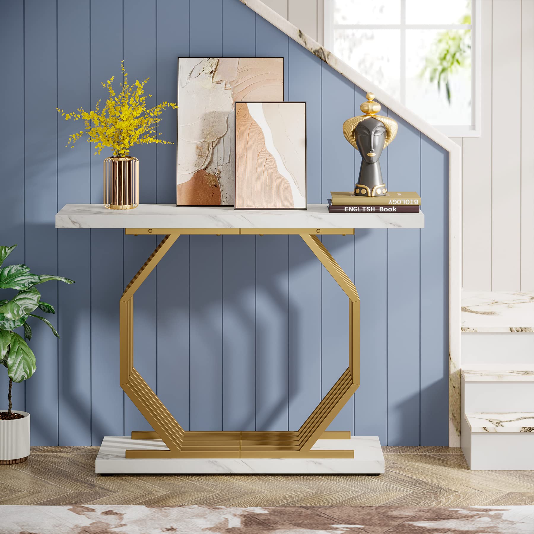Tribesigns Gold Console Table, Faux Marble Entryway Table Narrow Sofa Table with Geometric Metal Base, 40 Inch Modern Accent Table Entrance Table for Living Room, Hallway, Foyer, Black