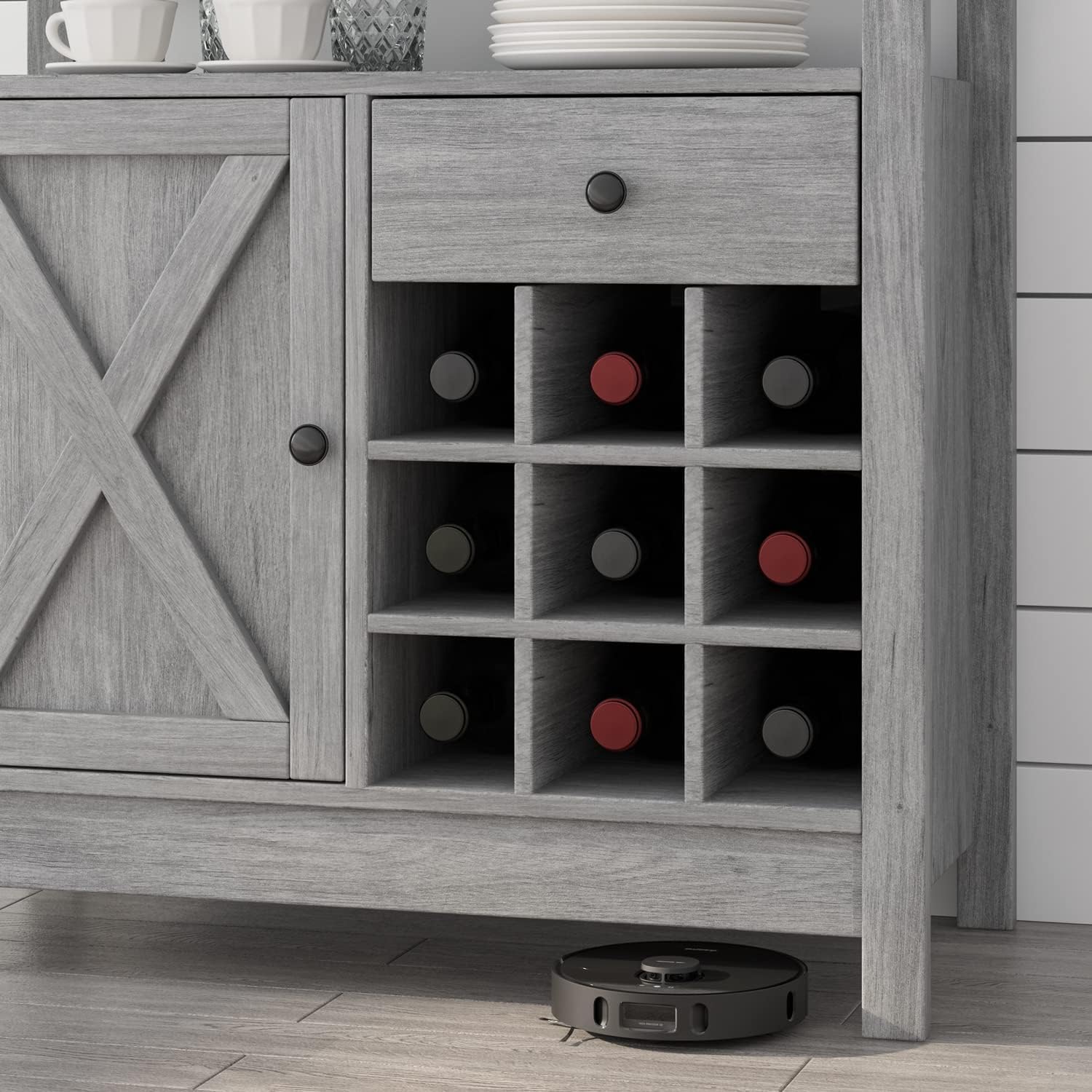 White Coffee Bar Cabinet, Farmhouse Coffee Station Cabinet with Storage, Small Coffee Bar Stand with 9 Wine Racks, Wine Bar Cabinet with Shelf for Kitchen Dining Room