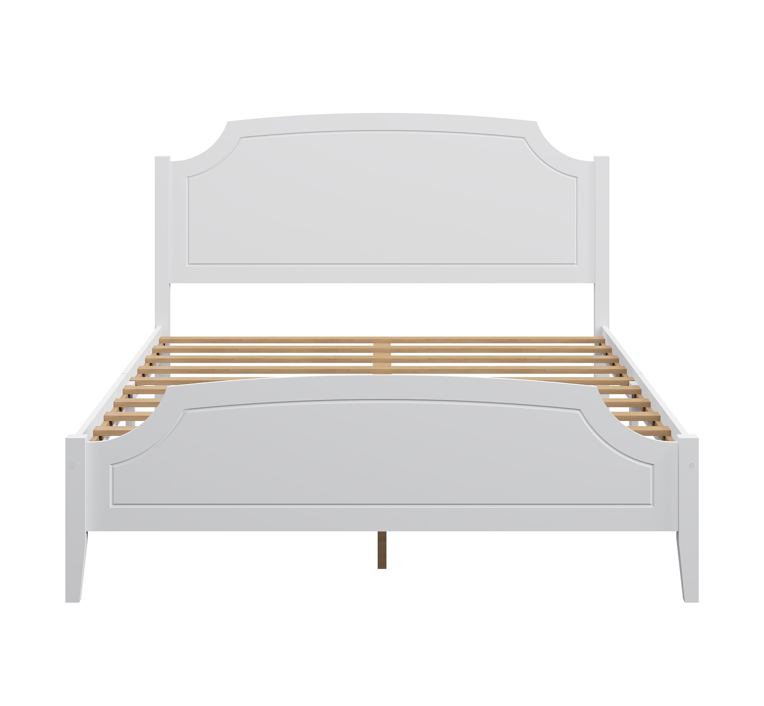 White Contemporary Roman Style, Solid Wood Bed, Queen Size Bed Frame, No Box Spring Needed, Paint Sprayed Finishing