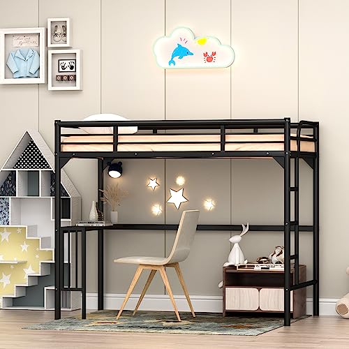 Voohek Twin Size Metal Loft Bed with Desk, Ladder and Guardrails, Bunk Bed Frame for Bedroom, Anti Wobbly Design, Large Weight Capacity, Black