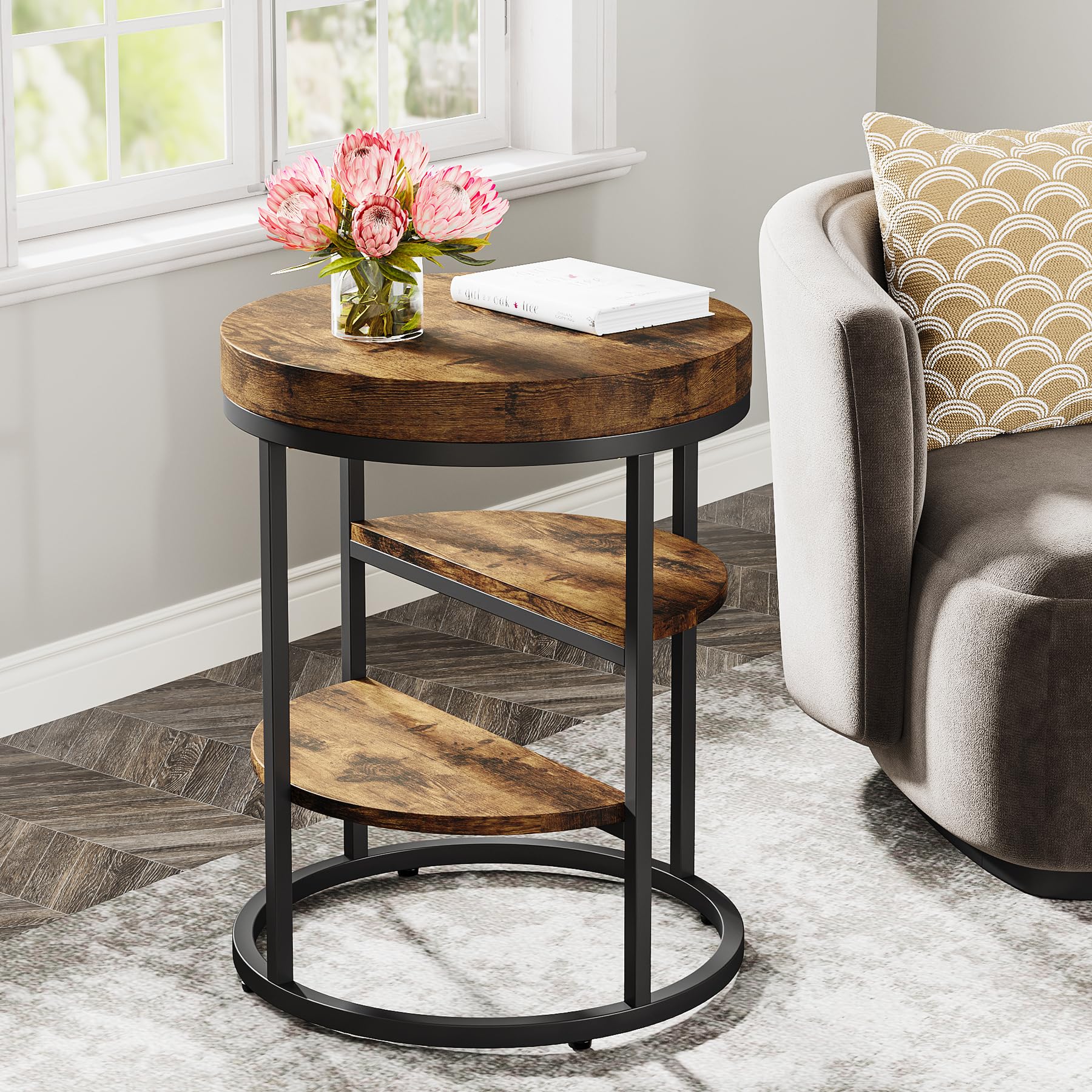 Tribesigns Round End Table, Small End Table with 3 Storage Shelves, Wood Side Table for Small Spaces, Industrial Sofa Side Table for Living Room, Rustic Brown Nightstand and Bedside Table for Bedroom