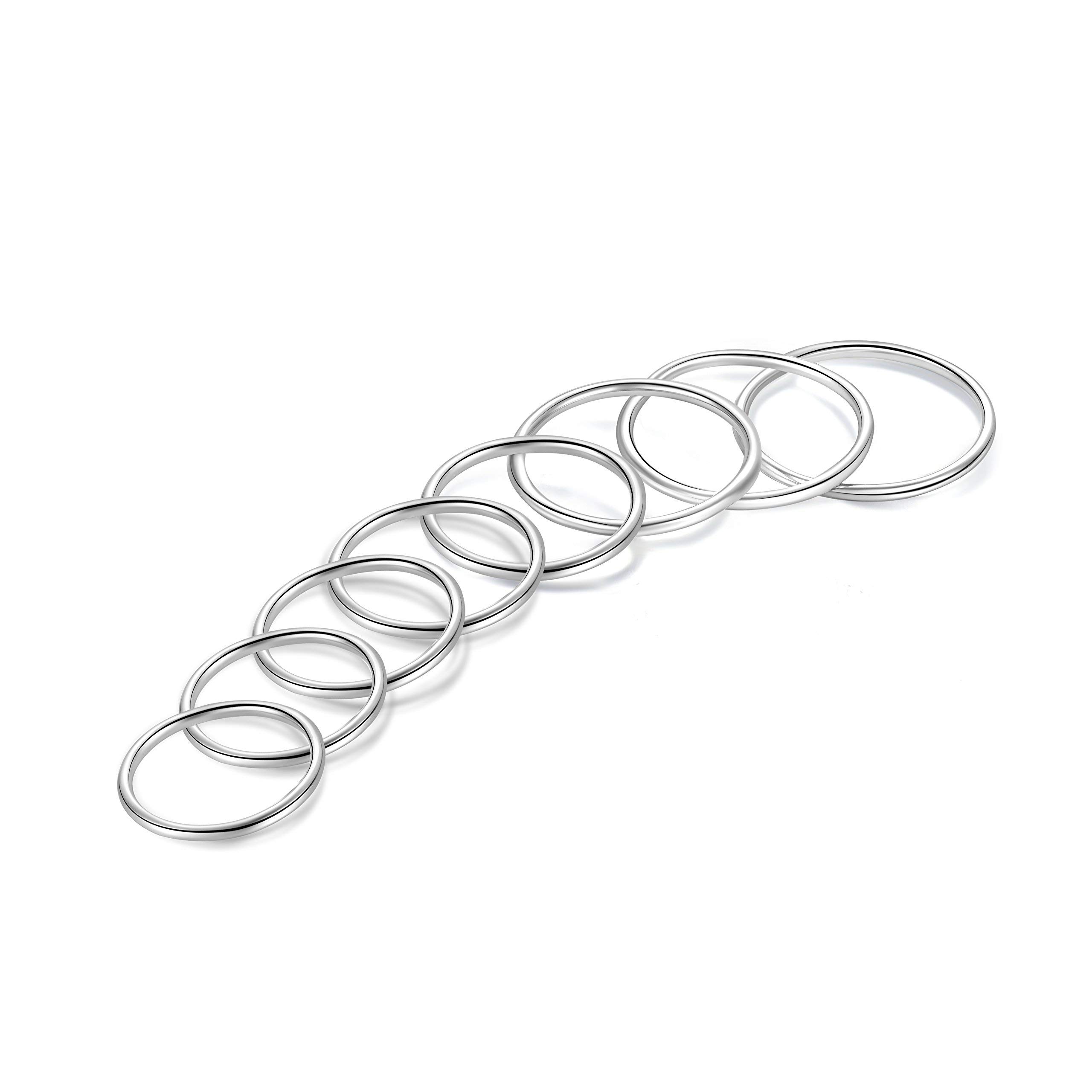 SILBERTALE 8pcs Thin Knuckle Rings for Women Sterling Silver Midi Stacking Ring Set Pinky Thumb Ring Wedding Band Comfort Fit Size 2.5-8.5