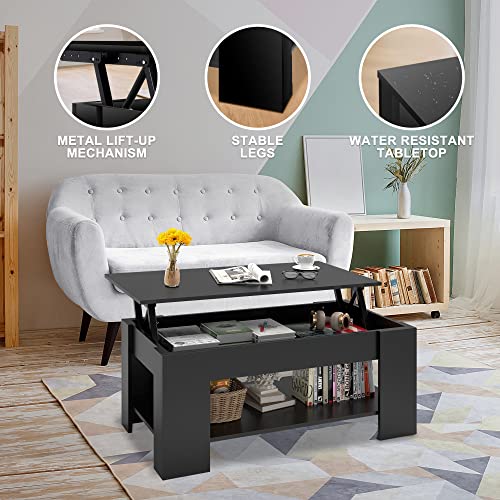 SUPER DEAL Lift Top Coffee Table with Hidden Compartment and Storage Shelves, Modern Rising Tabletop Dining Table with Sturdy Metal Frame for Living Room Reception Room, 38.5 in L, Black