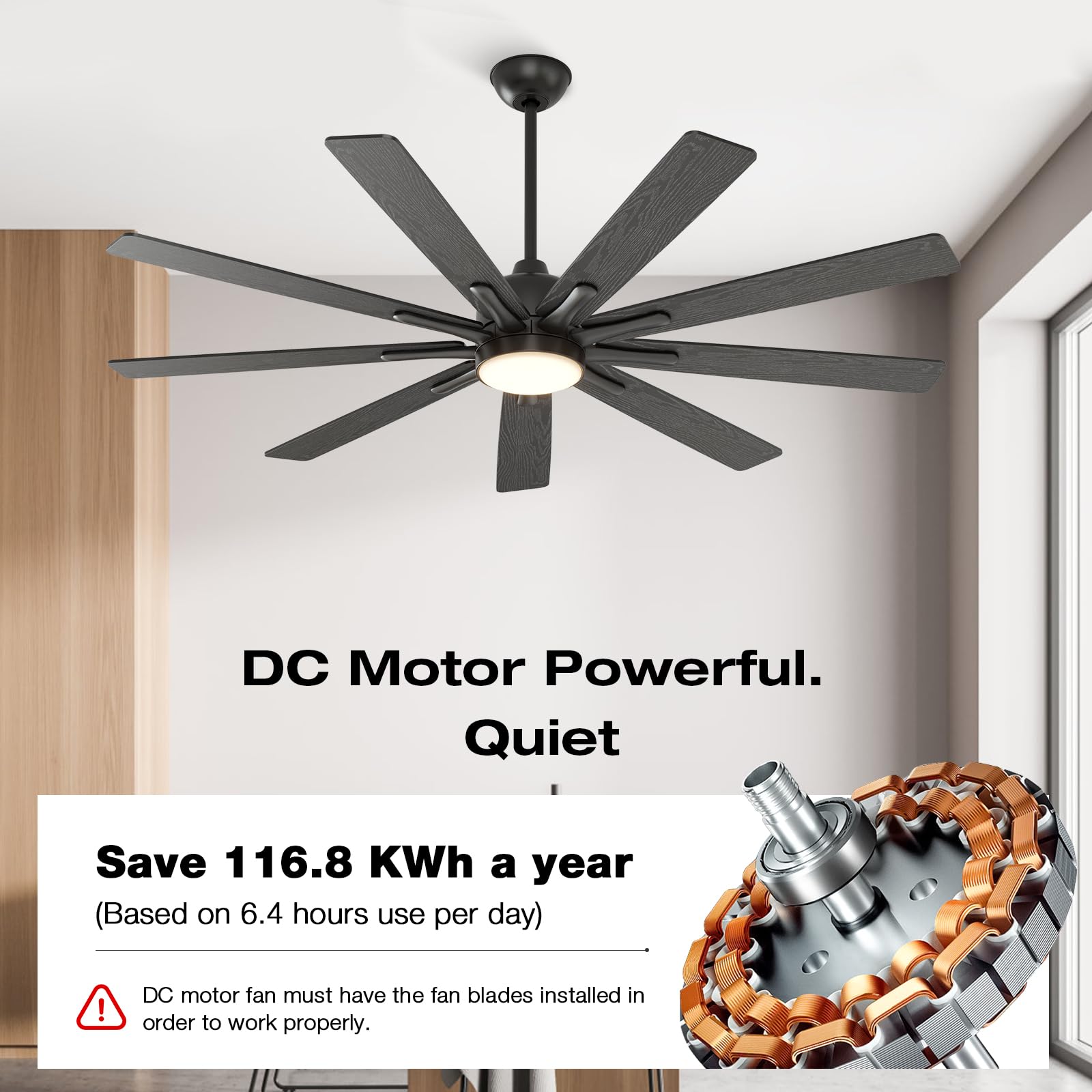 warmiplanet Ceiling Fan with Lights Remote Control, 62-Inch, Silent DC Motor, 6 Speed, Dimmable LED Light, Black(9-Blades)