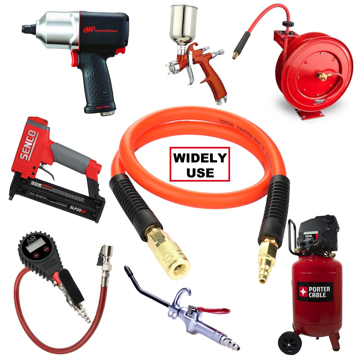 YOTOO Air Hose 3/8 in. x 3 ft, 300 PSI Hybrid Lead-in Air Compressor Hose, Heavy Duty, Lightweight, Kink Resistant, All-Weather Flexibility with 1/4β Quick Coupler Fitting and Bend Restrictors, Orange