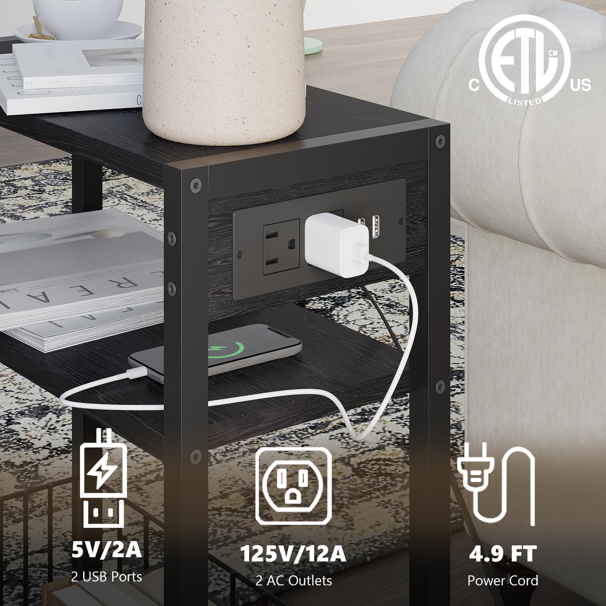 TRIFEBLE End Table with Charging Station, Narrow Side Table with Storage Shelf, Modern Sofa Table for Small Spaces, 3 Tier Nightstand with Steel Wire Basket for Living Room, Bedroom, Rustic Brown