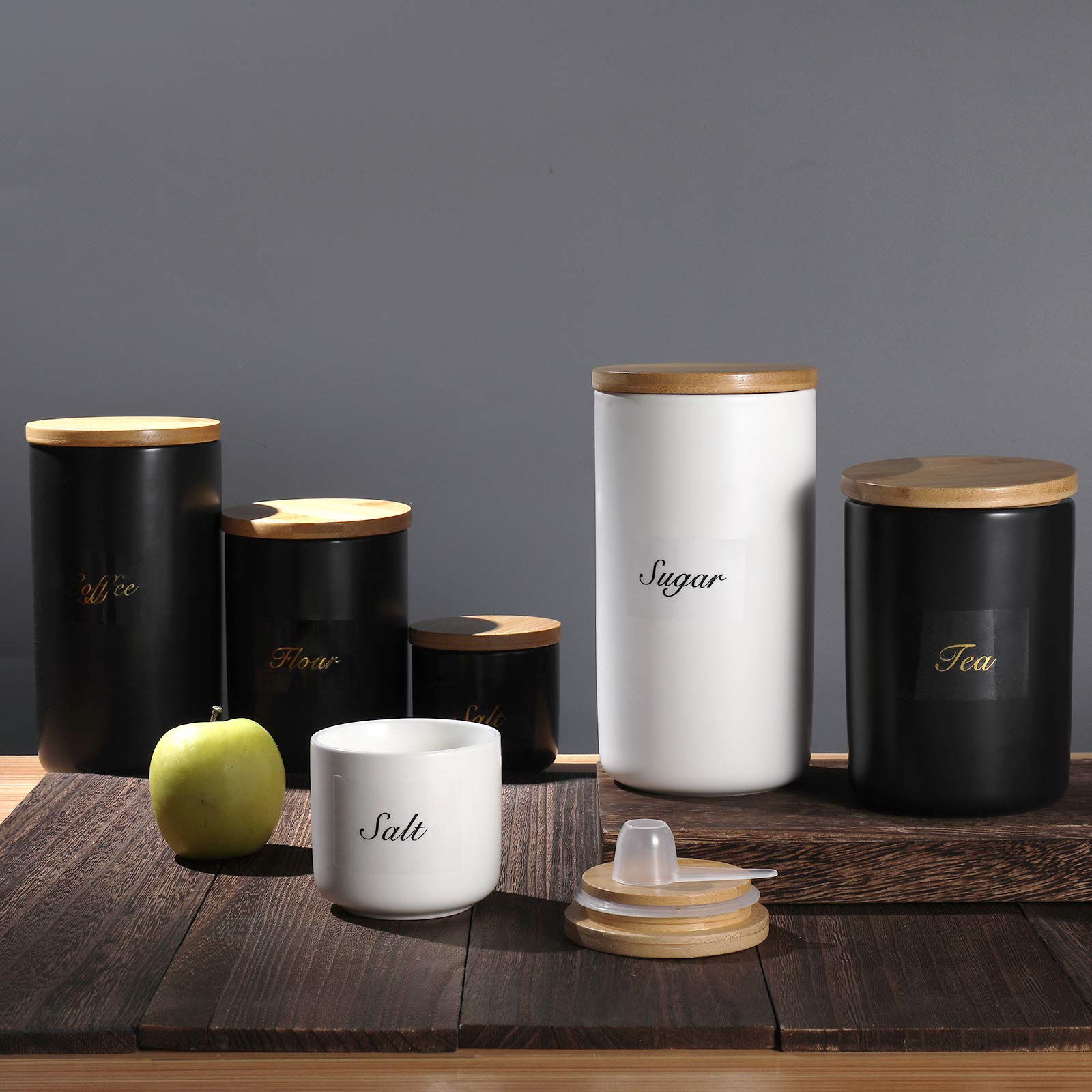 Yangbaga Canisters Sets for Kitchen-Set of 3 Kitchen Canisters for Countertop with Airtight Bamboo Lids/Spoons/Stickers, Ceramic Food Storage Containers for Large Flour,Suger,Coffee (42/30/9OZ)