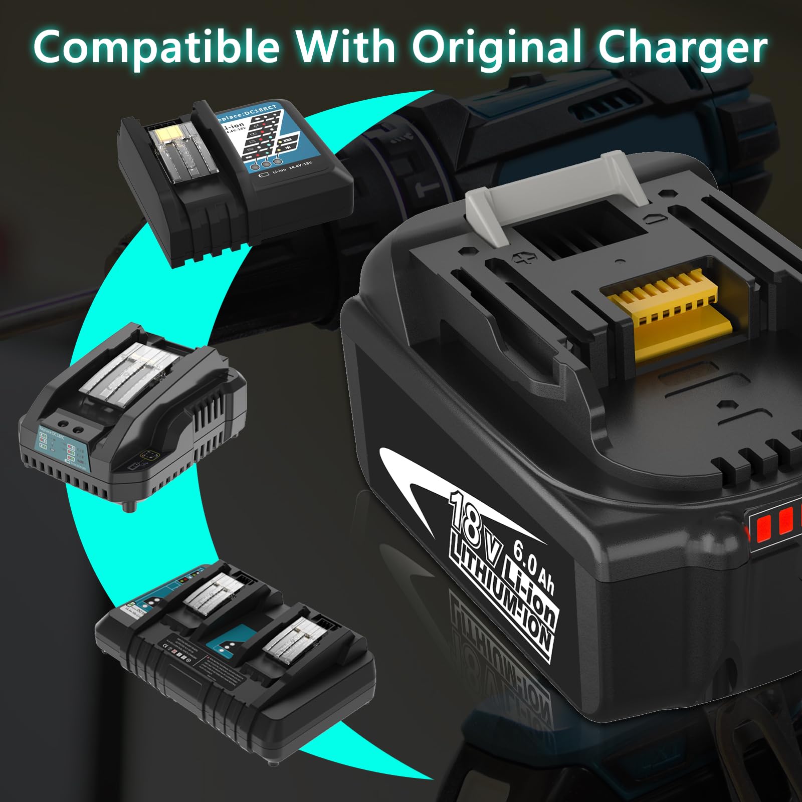 Upgrade to 6.0Ah Replacement for Makita 18V Battery Compatible with BL1860B 18V Battery Lithium-ion BL1850B BL1840B BL1830B BL1815B LXT-400 Cordless Power Tools with LED Indicator(Black)