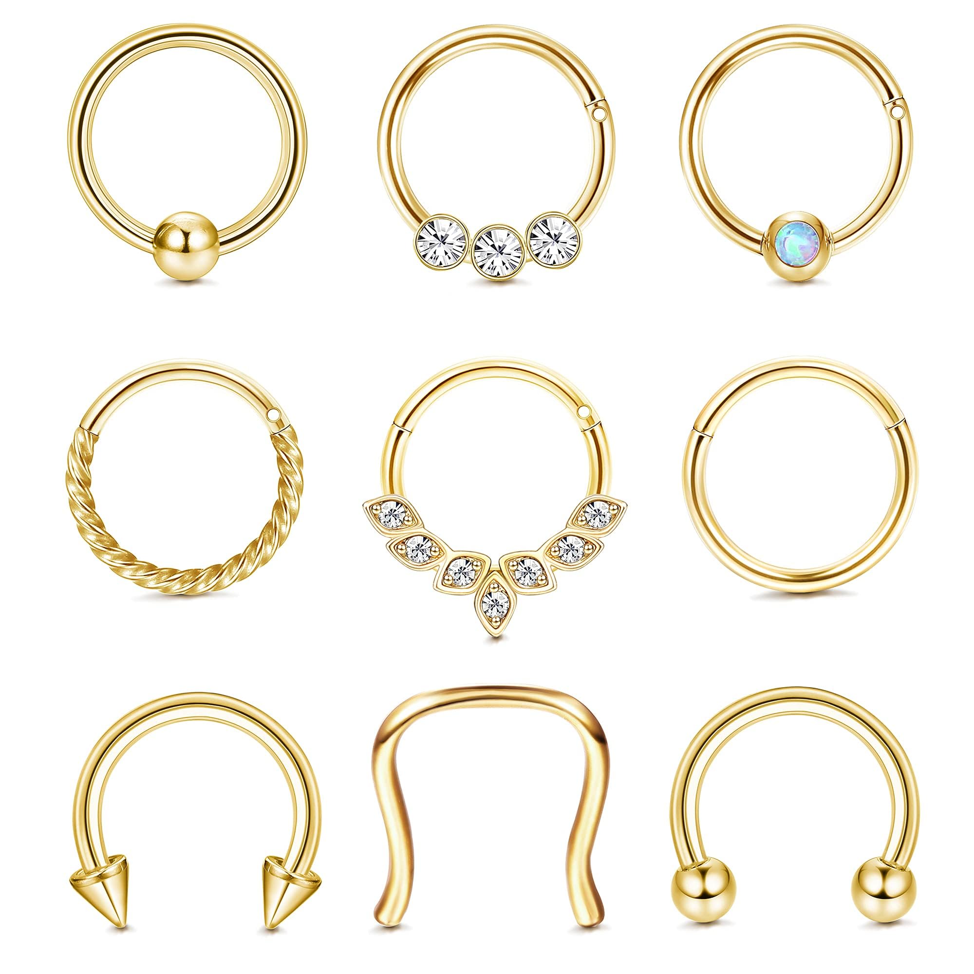 UBGICIG 9PCS Septum Jewelry 16G Septum Rings Daith Earrings Hoop Nose Rings Horseshoe Stainless Steel Septum Rings For Women Helix Tragus Lip Cartilage Earrings Silver Gold Black Rose Gold 8MM 10MM