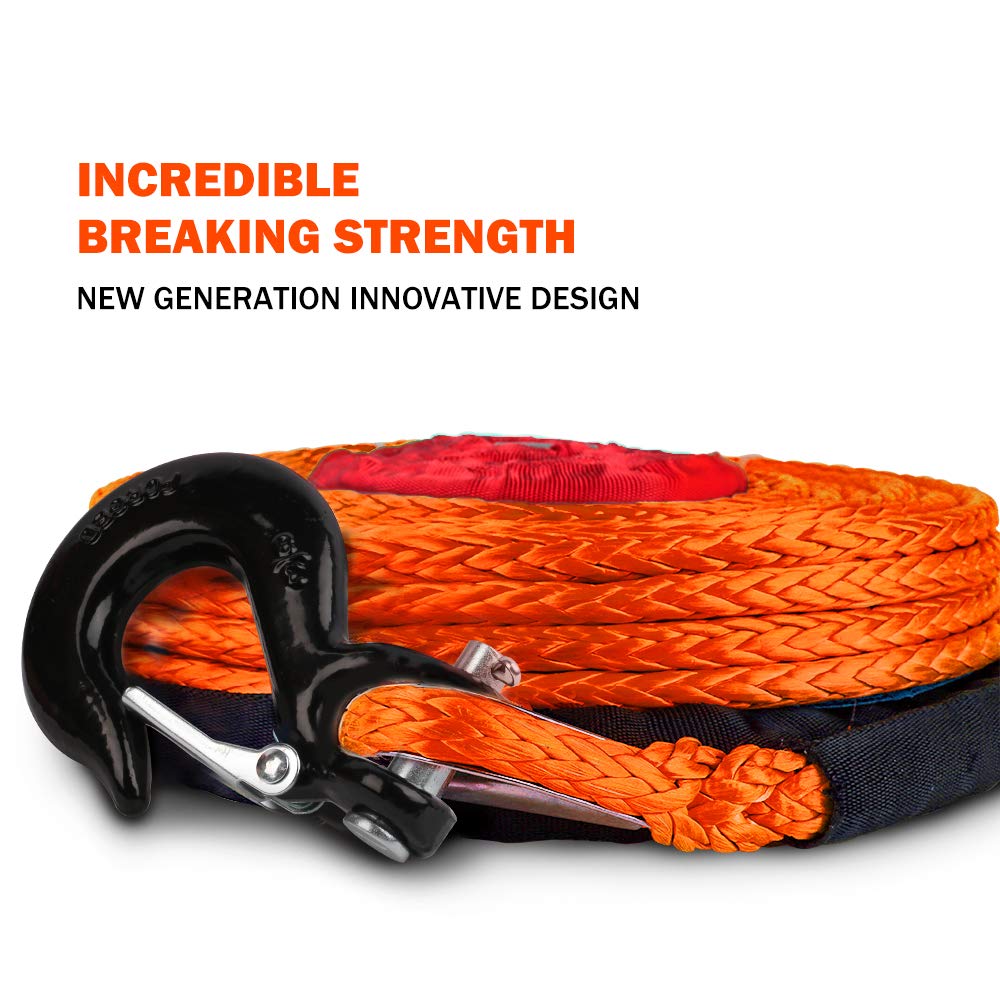 X-BULL SK75 3/8" x 100ft Dyneema Synthetic Winch Rope with Hook Car Tow Recovery Cable(23,809 Lbs,Orange)
