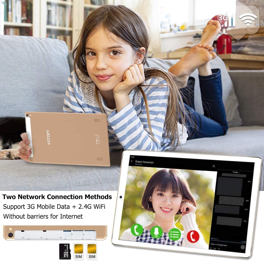 YOTOPT 10 Inch Android Phone Tablets, Dual Sim Card Slot, 32GB ROM, 256GB Expand, Quad Core, WiFi, Bluetooth, GPS, FM, Dual Camera, IPS HD Touch Screen, Support 3G Phone Call Tableta (Gold)