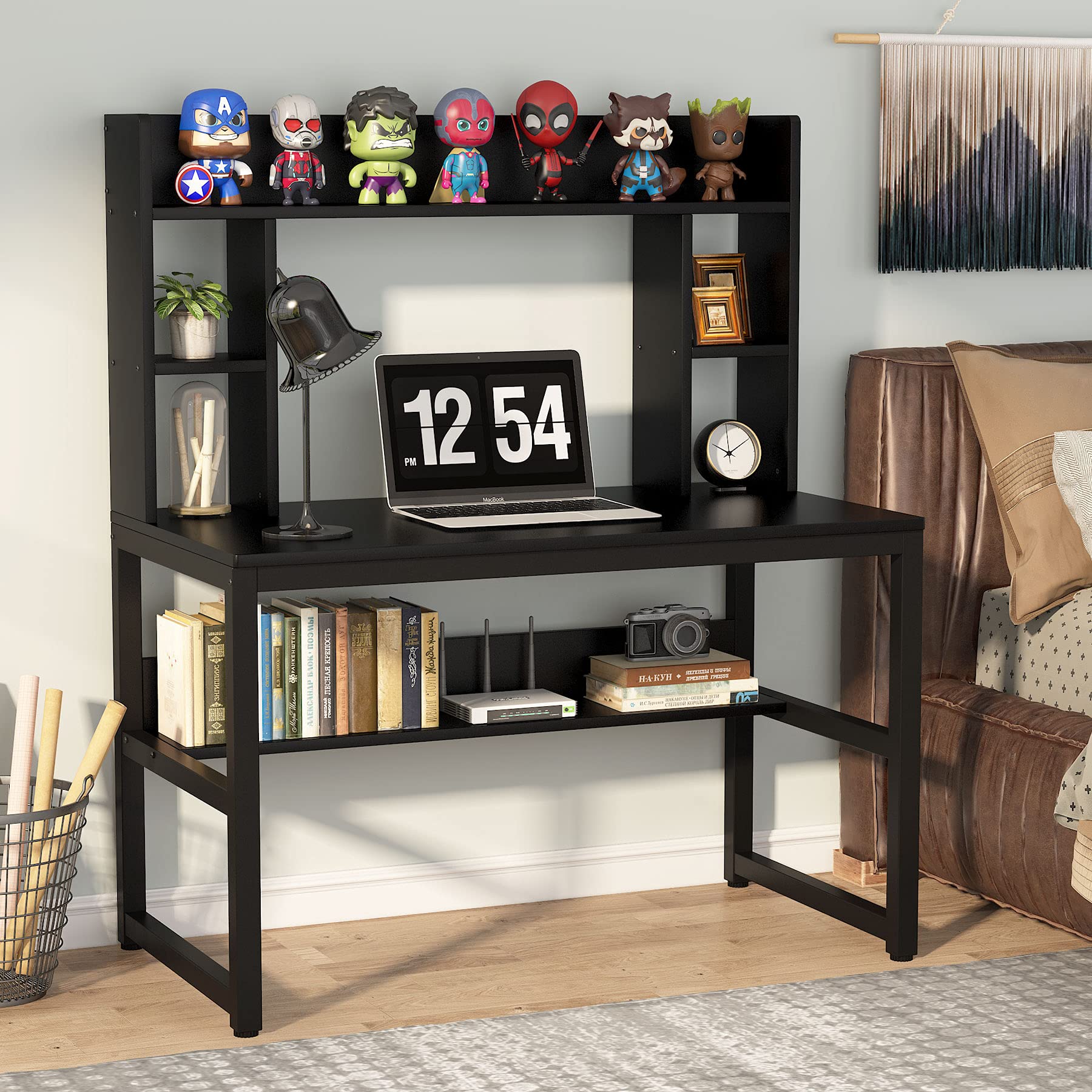 TRIBESIGNS WAY TO ORIGIN Computer Desk with Hutch, 47 Inch Modern Writing Desk with Storage Shelves, Office Desk Study Table Gaming Desk Workstation for Home Office, Black