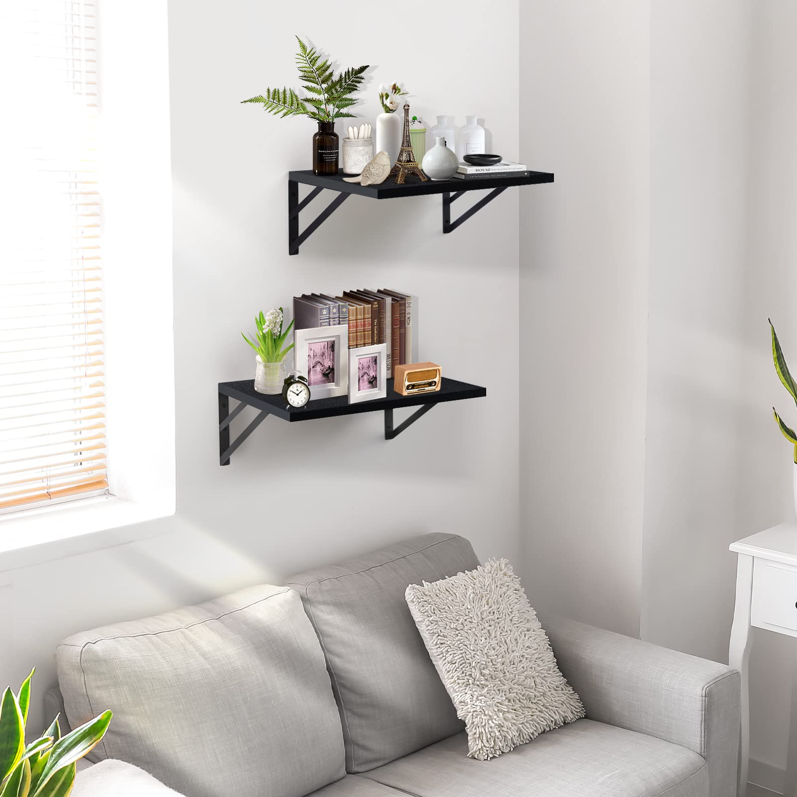Tectocker-DOU 2 Pc Deep Floating Shelves ; 12 Inch Deep Wall Mounted Hanging Shelves for Living Room, Kitchen, Office, Bathroom and Bedroom Decor; Storage and Display Shelf Set (Black)