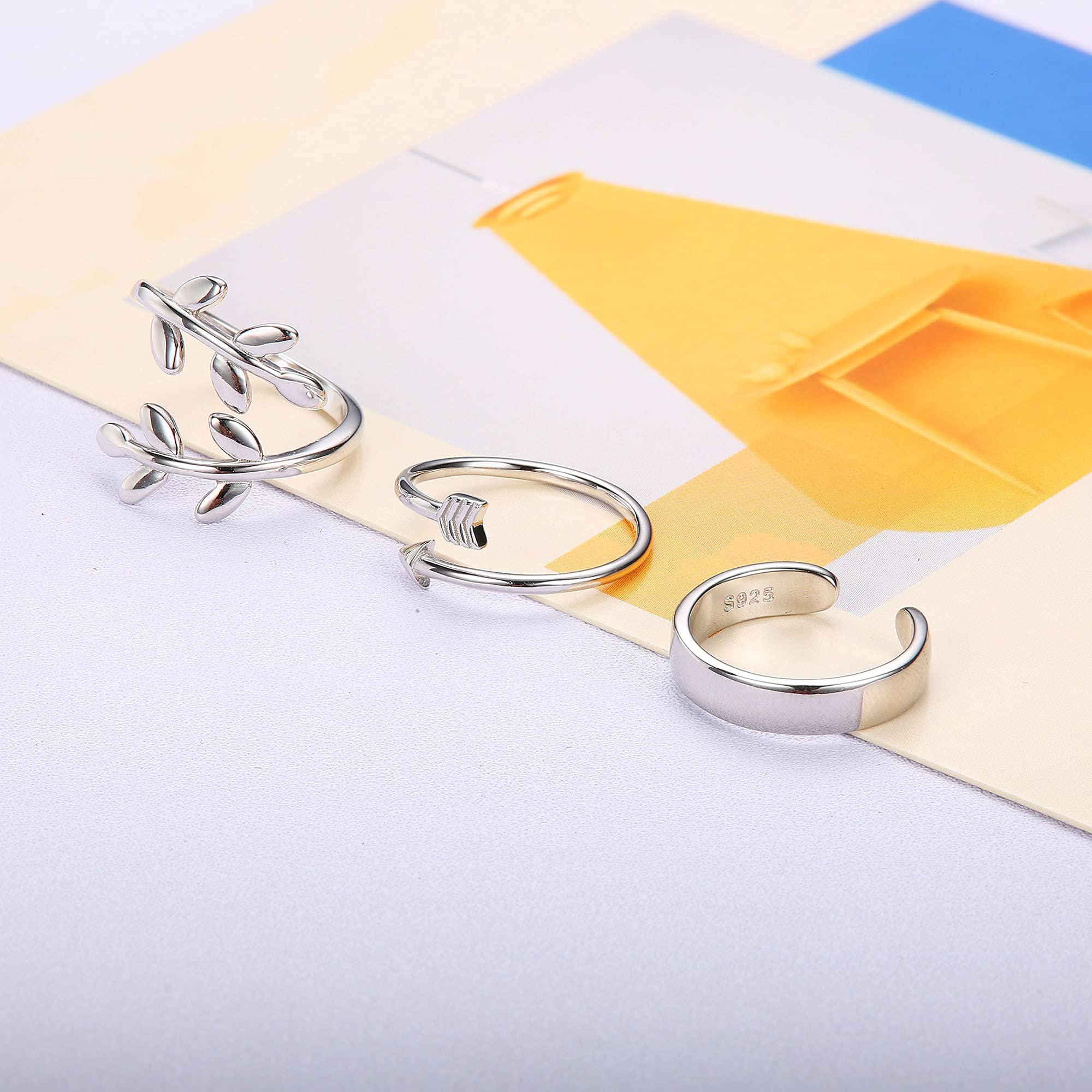 Ubjuliwa 3Pcs Sterling Silver Toe Rings for Women Open Toe Rings Set Soft Cuff Arrow Leaf Toe Ring Beach Adjustable Hawaiian Foot Gift Jewelry