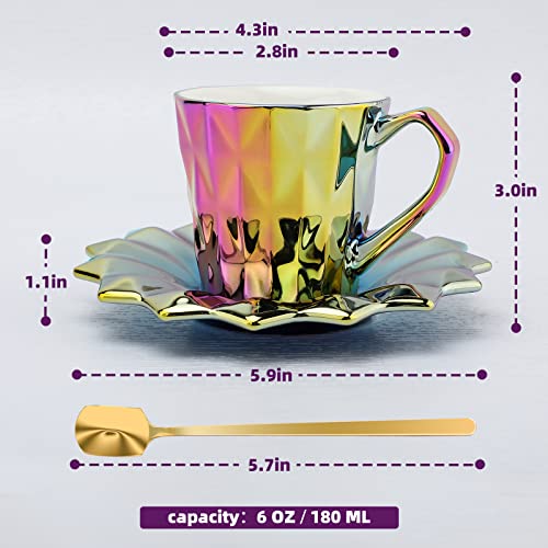 VCXOX Ceramic Coffee Mug, Creative French style Cup with Electroplated Geometry Saucer & Spoon Sets, Novelty Coffee Cup,6 oz/180 ml for Tea Latte Milk (purple)