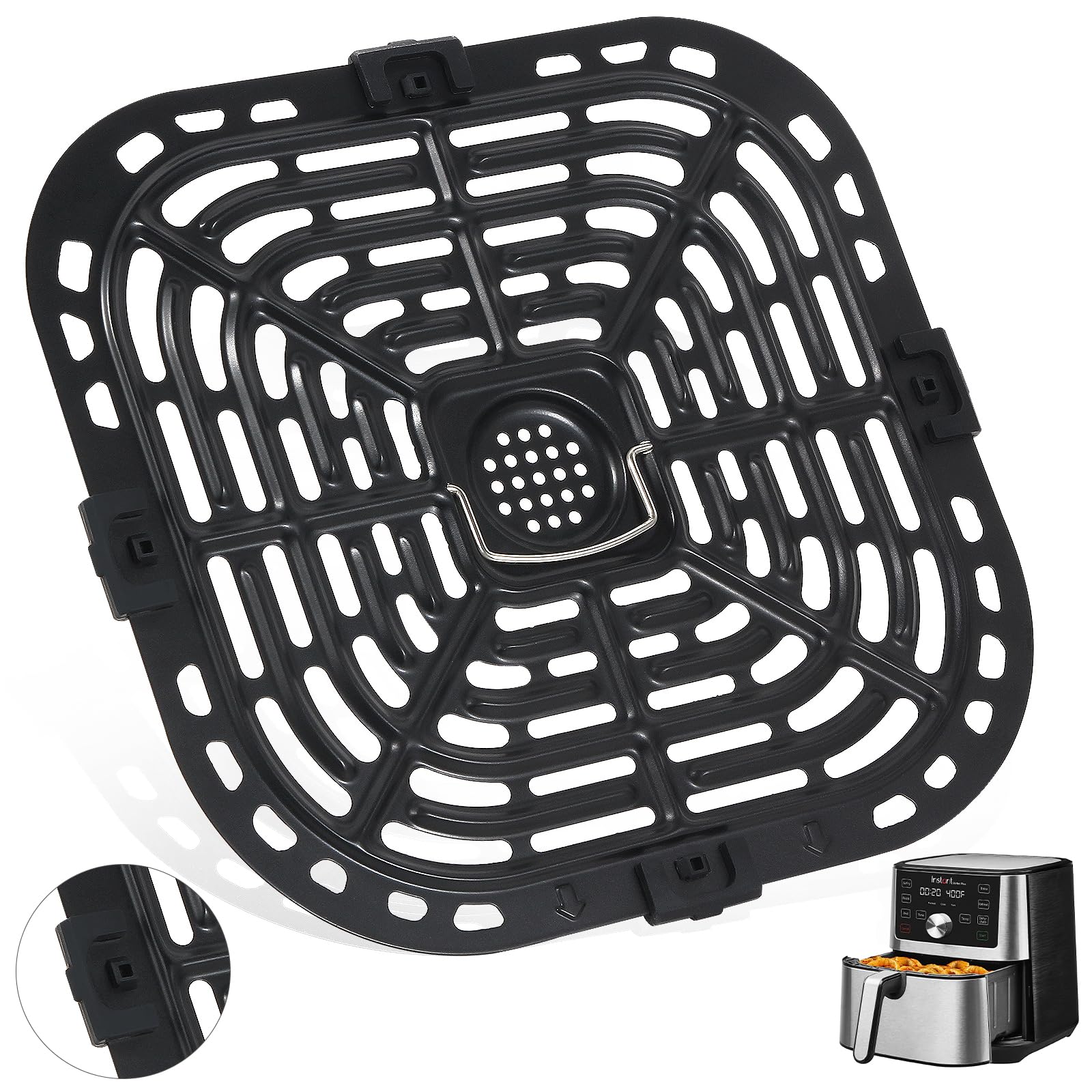Upgraded Air Fryer Grill Pan for Instant Vortex Plus 6QT Air Fryers, Non-Stick Air Fryer Plates with Air Fryer Rubber Bumpers, Square Air Fryer Grill Plate with Holes, Dishwasher Safe