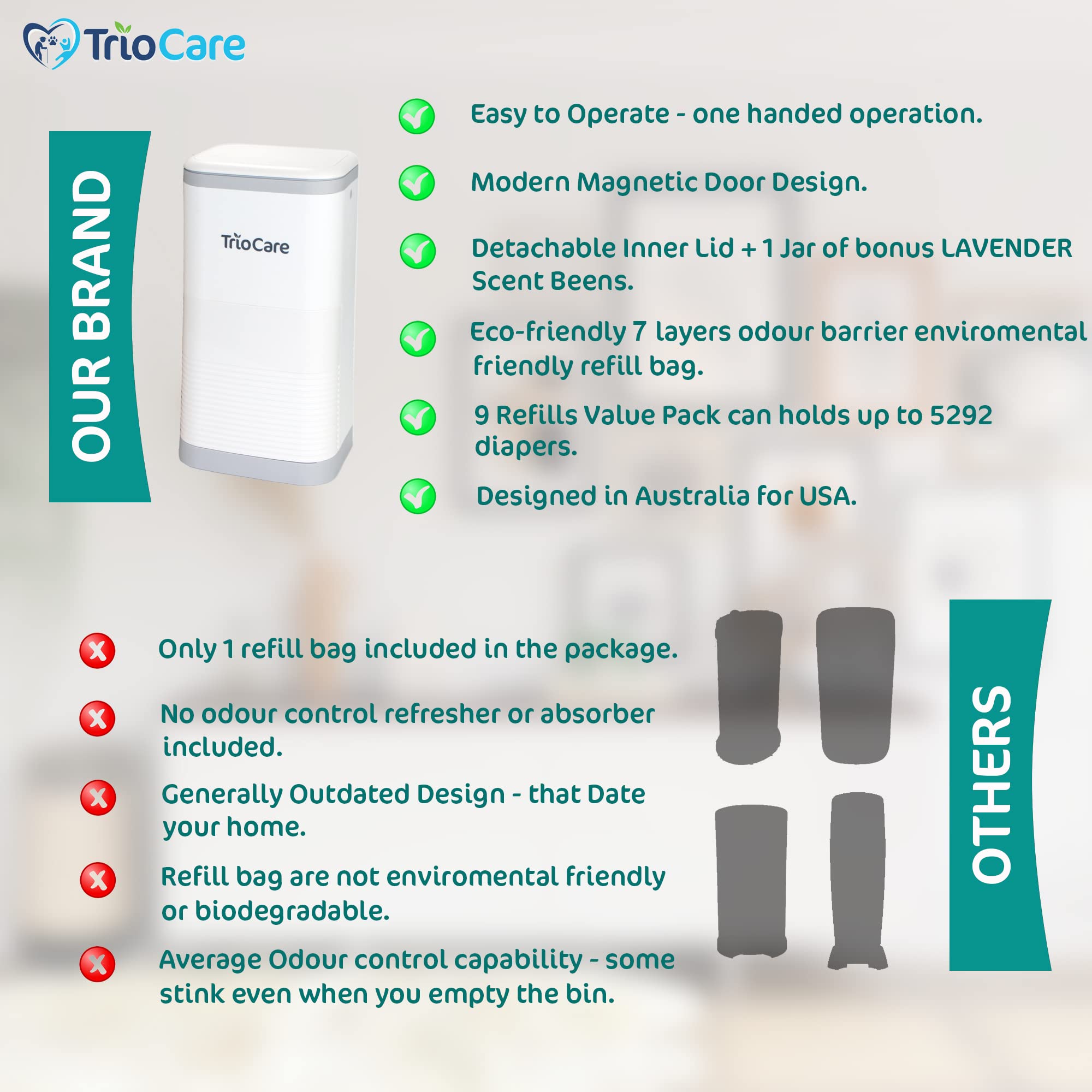 TrioCare Odor Locking Blocking Control Diaper Pail White | Over 12 Months Refill Bag Supply 5292 Count | Lavender Scent Value Gift Set | Modern Design Baby Senior Adult Pet Waste Disposal Dignity Bin