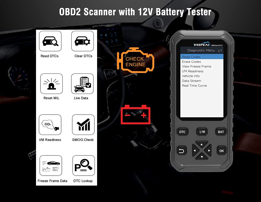 Veepeak Car OBD2 Scanner 12V Battery Tester, Auto Check Engine Code Reader & 100-2000 CCA Battery System Analyzer 2 in 1 Diagnostic Tool with Carrying Case Black