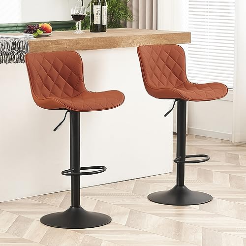 YOUNUOKE Bar Stools Set of 2 with Back Modern Faux Leather Swivel Counter Height Barstools Adjustable Tall Bar Stool Chairs for Kitchen Islands, Ochre Red