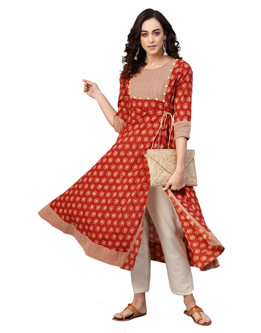Yash Gallery Women's Cotton Slub Floral Print Angrakha Kurtis (Rustic Brown)