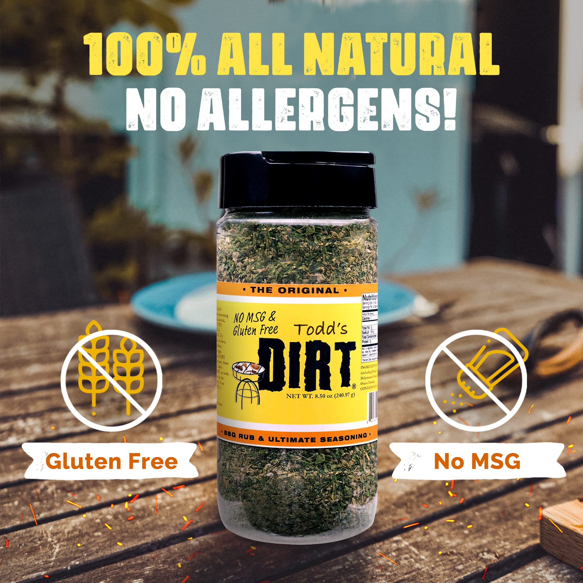 Todd’s DIRT - Original DIRT Large 8.50 oz Bottle, All Purpose Seasoning & BBQ Rub, Gourmet Mild Savory Seasoning/Rub that’s GREAT ON EVERYTHING, 100% All Natural With No MSG & Gluten-Free, 8.50 oz