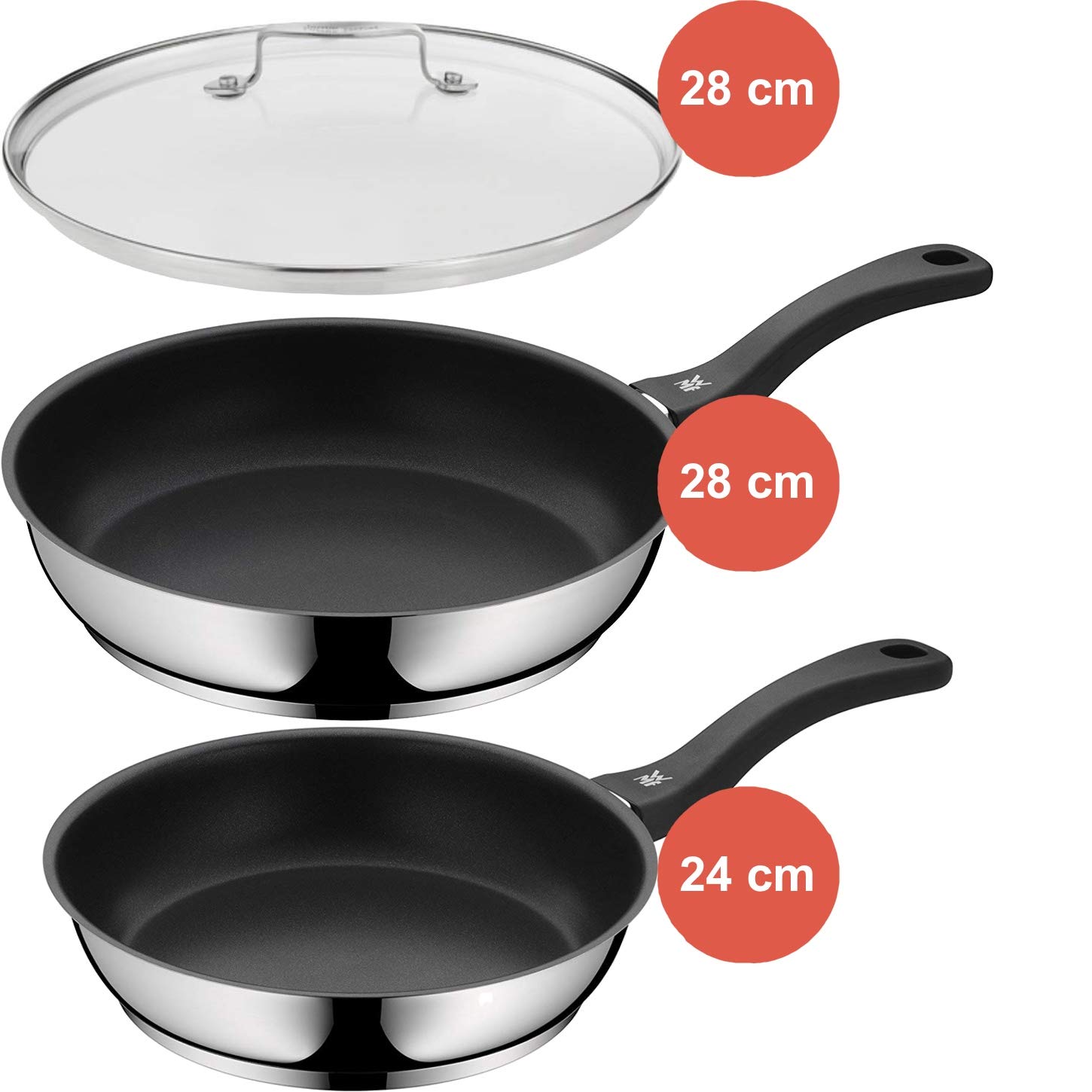 WMF Premium Induction Pan Set 3 Pieces 24 + 28 cm Non-Stick Pan + Jamie Oliver Glass Lid 28 cm for Gentle Roasting, Induction Cooker, Cromargan Stainless Steel, Ergonomic Plastic Handle