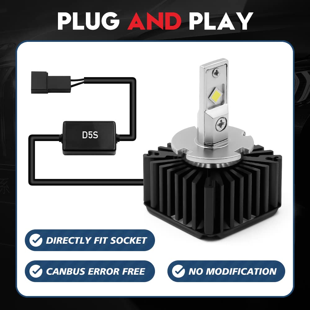 VEHICODE D5S LED Bulbs 6000K White 90W 9000lms CANBus Error Free Kit ATV/UTV Powersports Off-road Xenon HID Accessories Light Repaclement (2 Pack)
