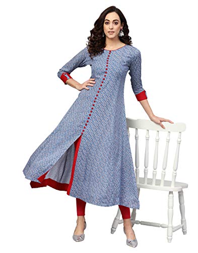 Yash Gallery Women's Plus Size Rayon Geometric Printed A-Line Kurtis (Light Blue)