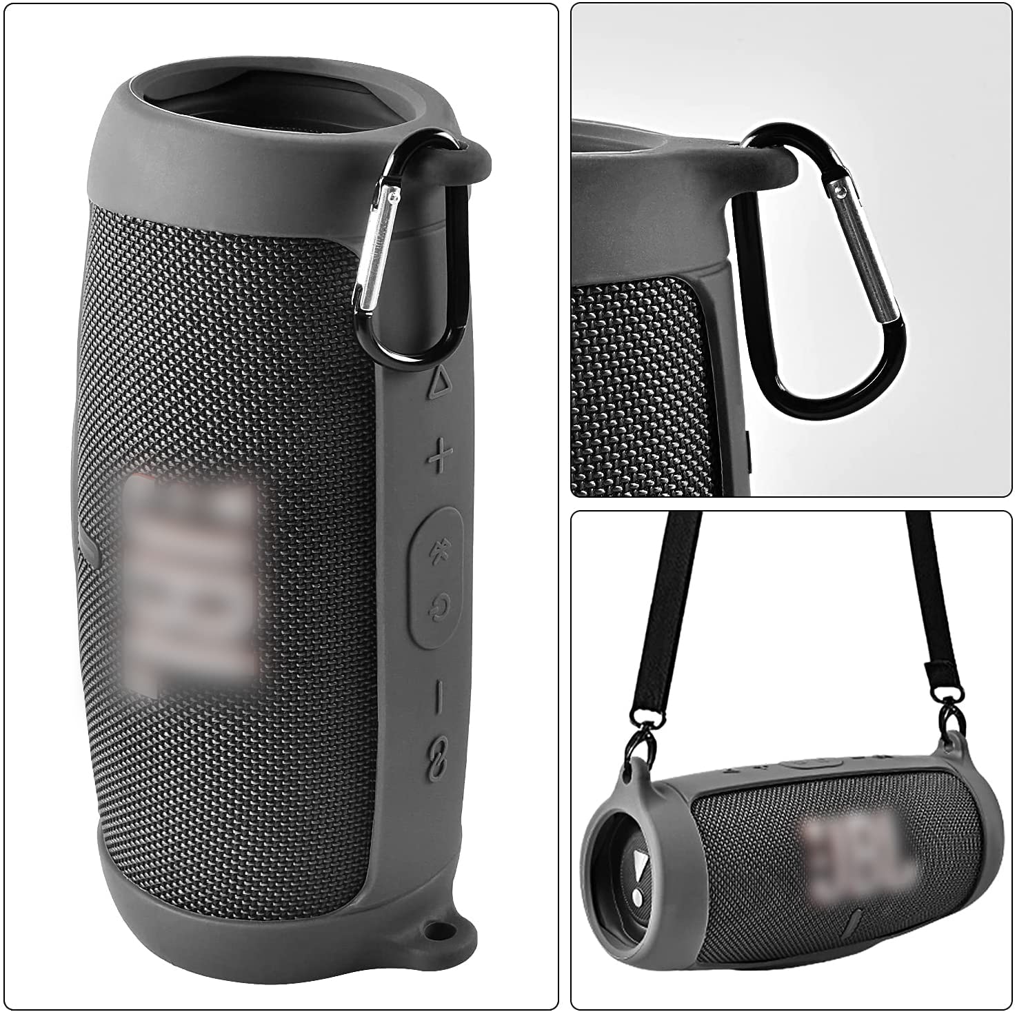 Silicone Case Cover for JBL Charge 5 Waterproof Portable Bluetooth Speaker, Travel Carrying Protective Gel Soft Skin, Waterproof Rubber Pouch with Shoulder Strap and Carabiner - Black