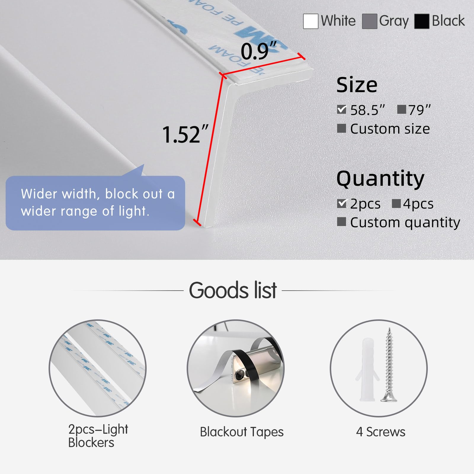 ZSTARR PVC Light Blockers Blackout Light Blockers Side Tracks for Window Shades and Blinds,Side Tracks for Blackout Shades Easy to Instal,Light Blocking Strips for Bedroom (White, 57.5",2Pcs)