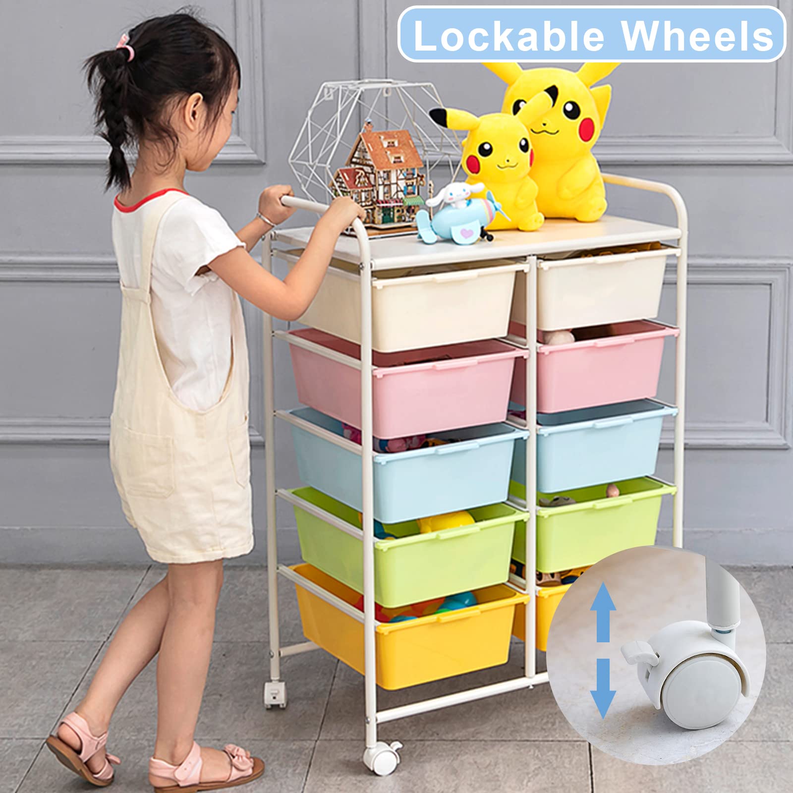 Ytaoka Rolling Cart with 10 Drawers, Plastic Drawer Cart with Metal Frame, Multipurpose Art Craft Cart Organizer with Wheels, Utility Cart with Drawers for Home, Office, School, White