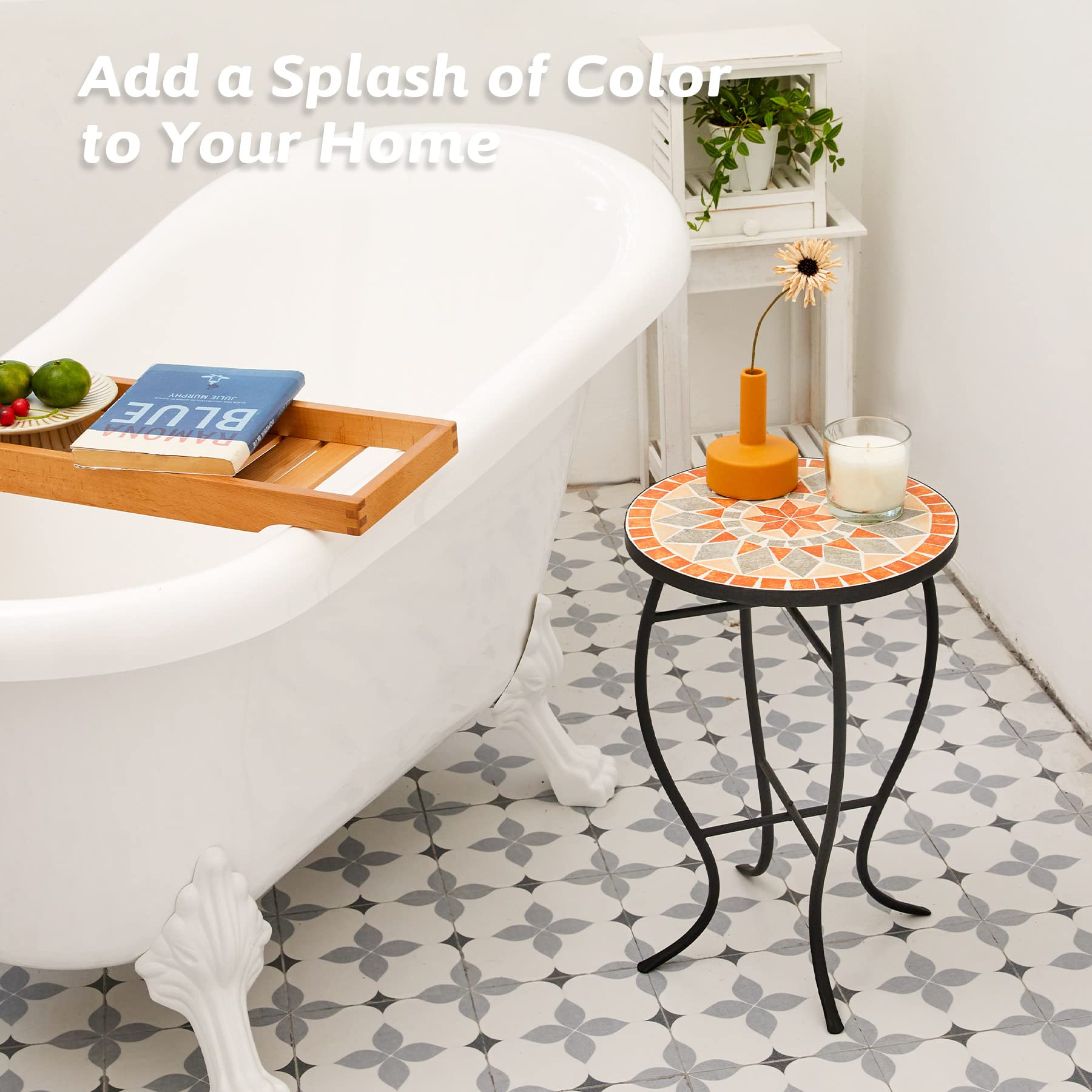 VONLUCE Mosaic Side Table and Plant Stand + French Vintage Foot Stool with Rustic Wood Legs and Padded Seat