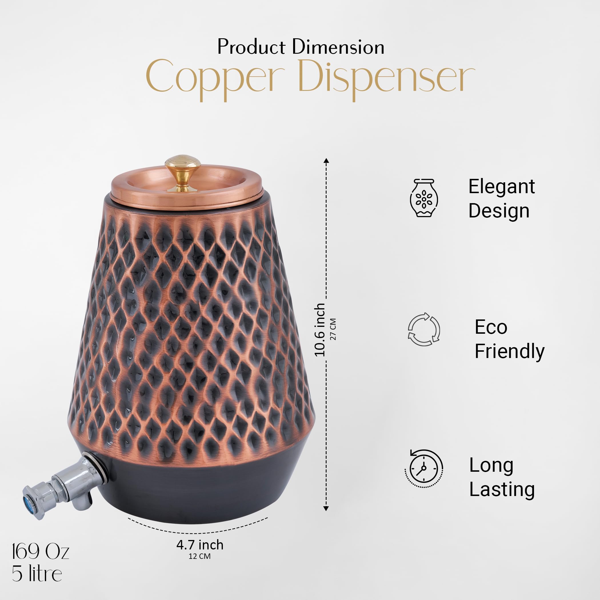 YATSKIA 1.32 Gallon/ 5 Litre Pure Copper Dispenser Water Storage Container Water Storage Tank Copper Pots Water Container With Spigot Copper Kitchen Accessories (4.7" L x 4.7" W x 10.6" H)