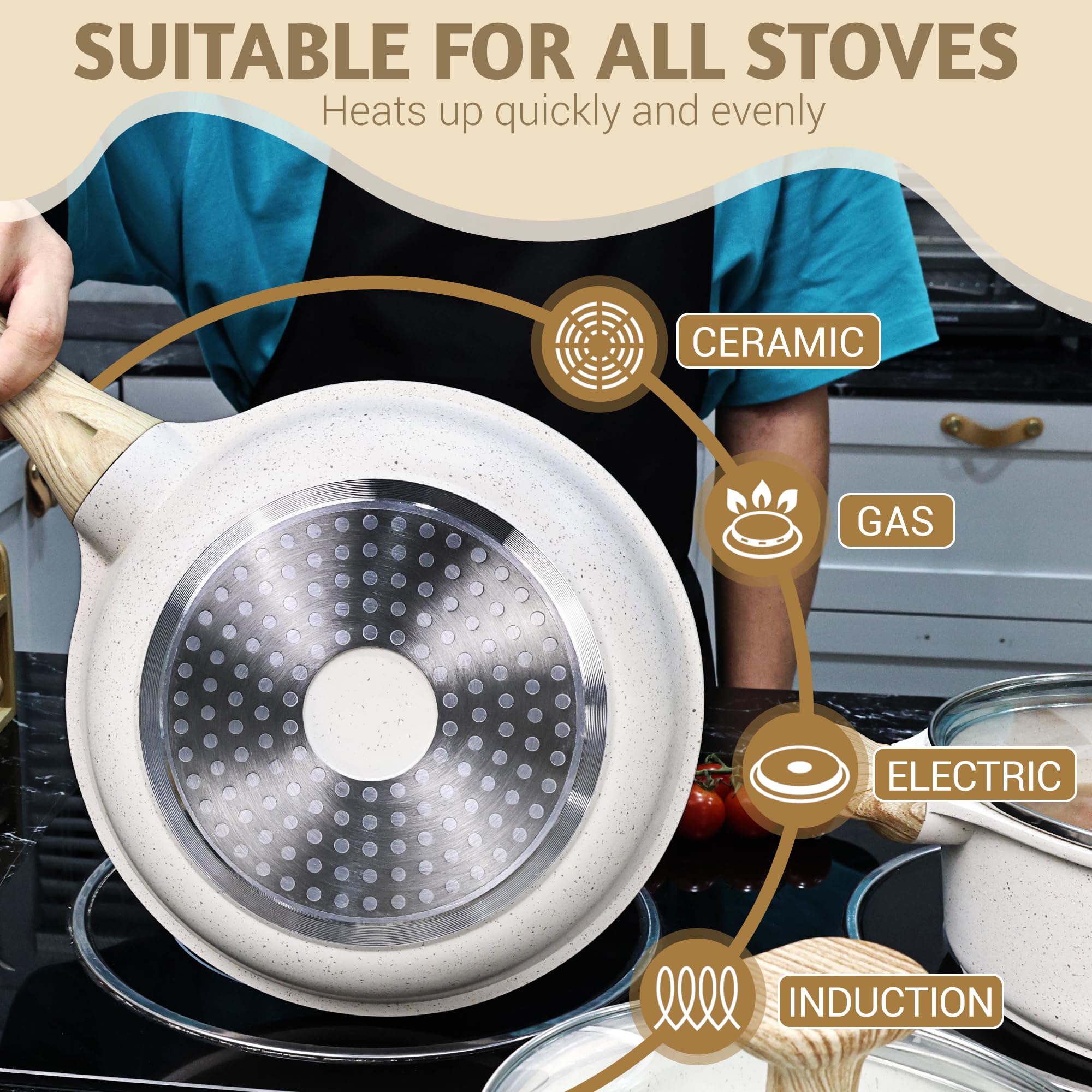 Wodillo Pots and Pans Set Nonstick, Beige Induction Kitchen Cookware Sets, Healthy Skillet Non Sticking Saute Pan & Saucepans(PFOS, PFOA Free)
