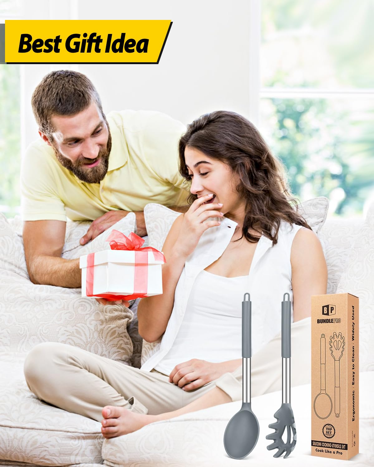 Silicone Pasta Fork and Cooking Spoon Set, Non Stick Kitchen Utensils for Cooking,Stirring,Serving Spaghetti, Soup, Sauce (GREY)