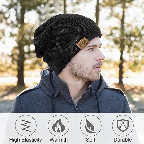 Winter Beanie Hat and Touchscreen Gloves Set for Men Women Warm Slouchy Beanie Thick Knit Gloves Fleece Lined Skull Cap, A-Black(2 Pcs)